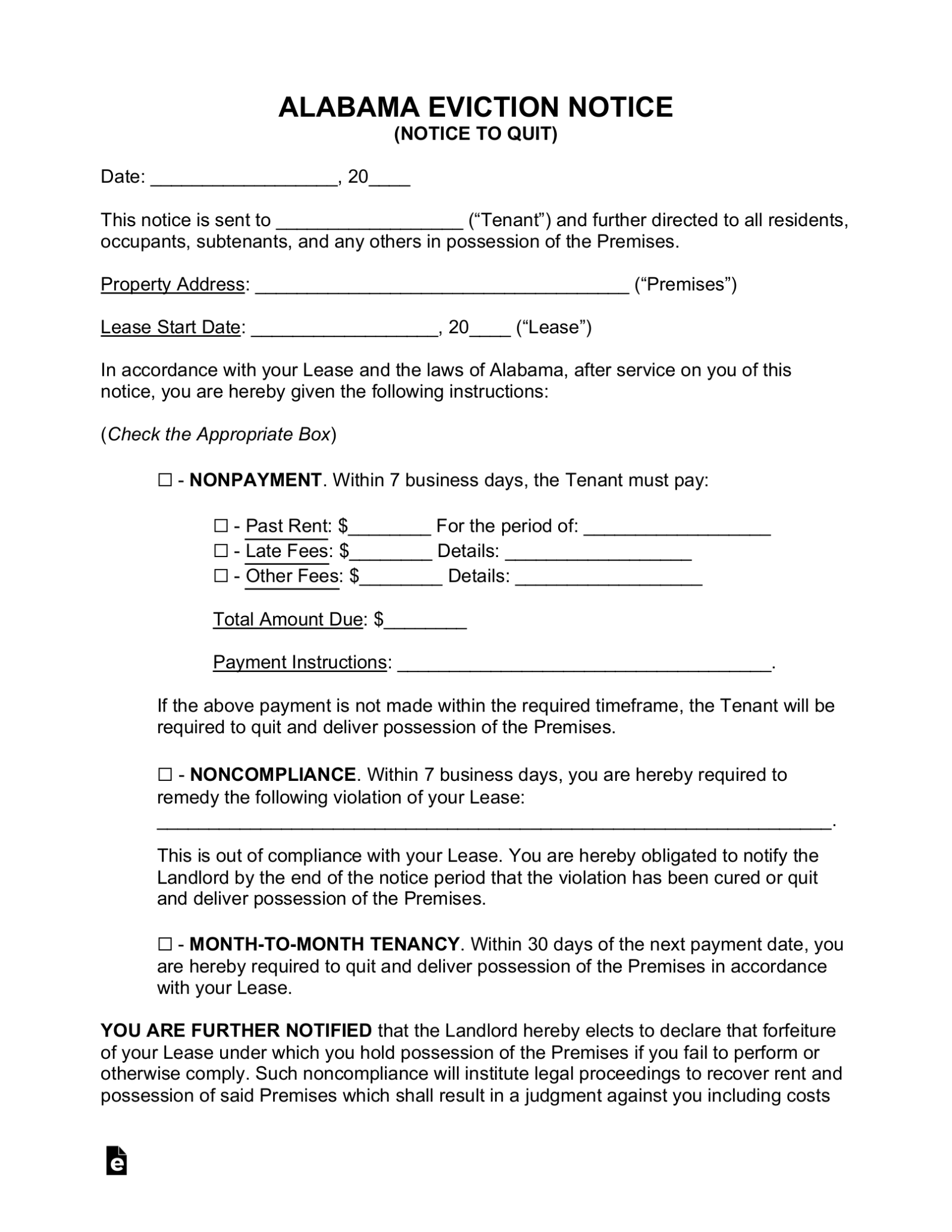 Free Alabama Eviction Notice Forms (3) - PDF | Word – eForms