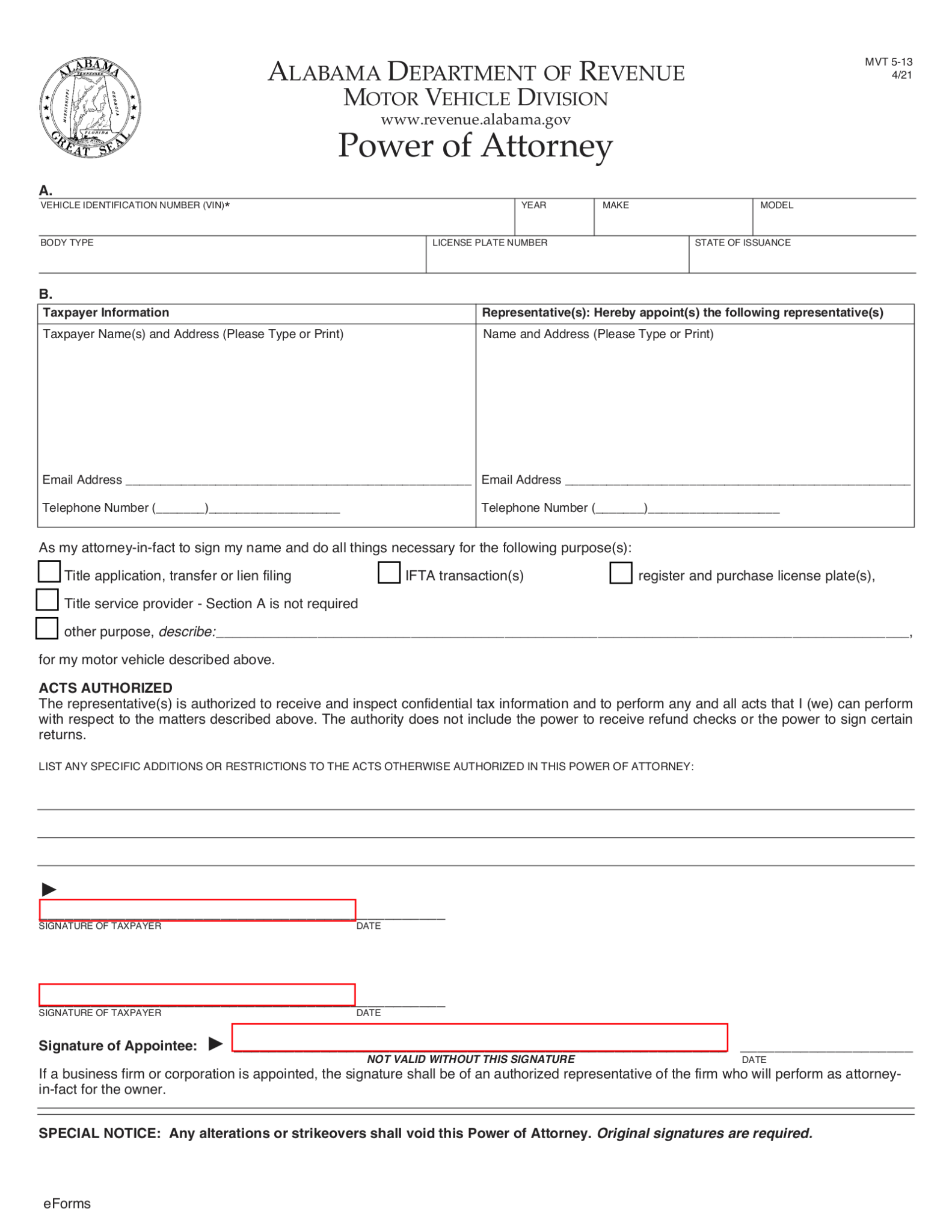 Free Alabama Vehicle Power of Attorney Form | MVT 5-13 - PDF – eForms
