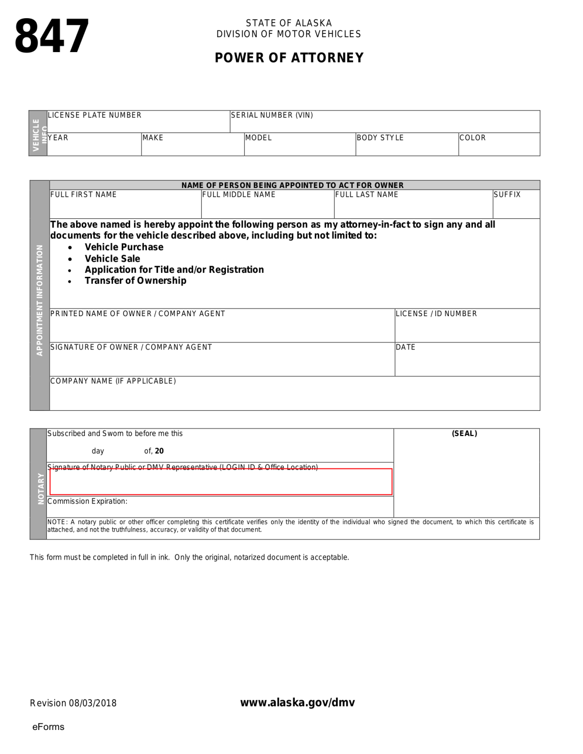 Free Alaska DMV Power of Attorney | Form 847 - PDF – eForms