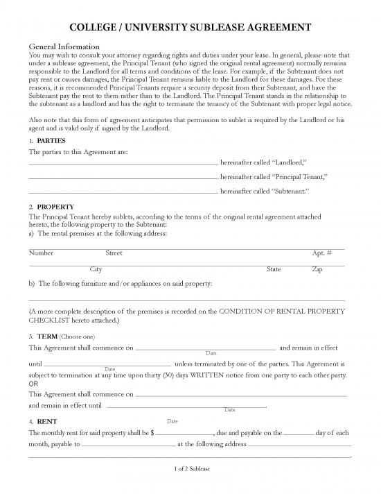 Free Sublease Agreement Template - PDF | Word – eForms