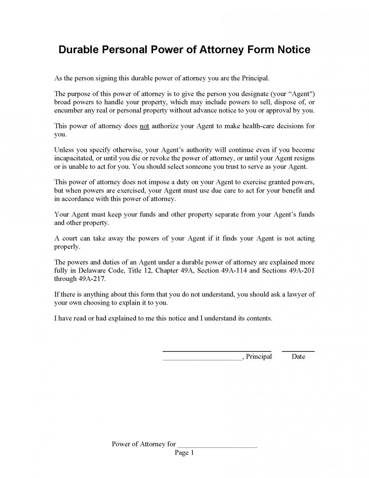 Free Delaware Durable (Statutory) Power of Attorney Form - PDF | Word ...