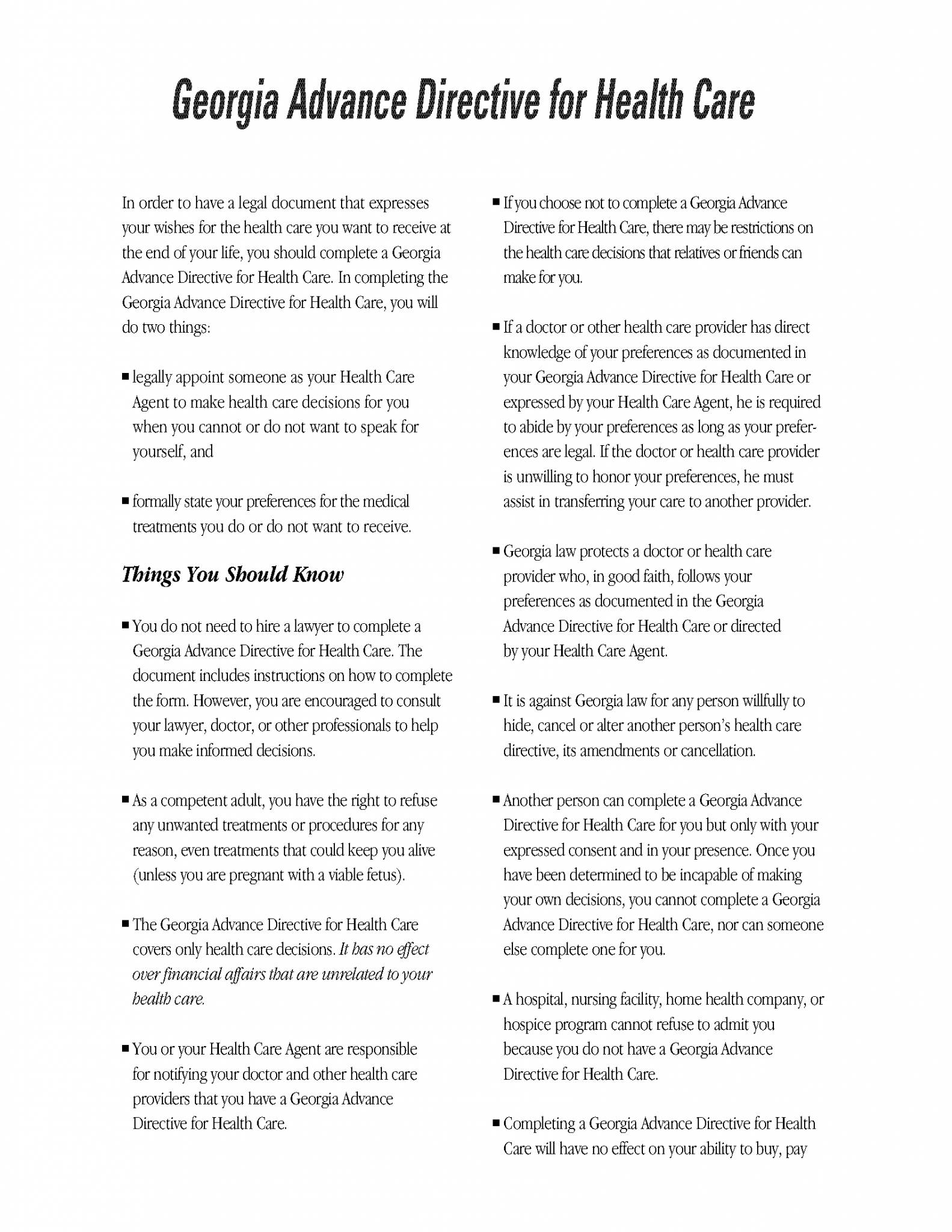 Free Georgia Advance Directive for Health Care Template - PDF – eForms