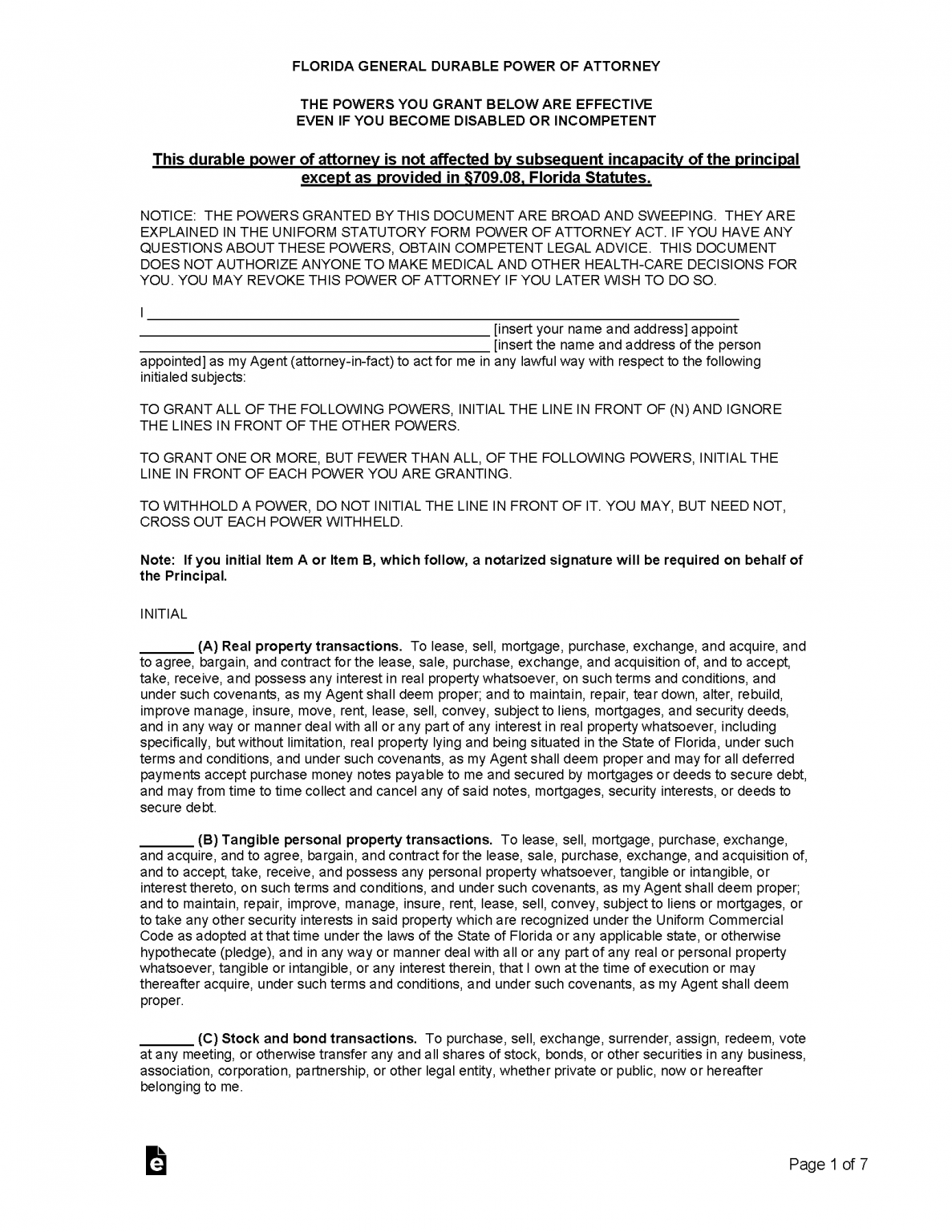 Free Florida Durable (Statutory) Power of Attorney Form - PDF | Word ...