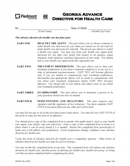 Free Georgia Advance Directive for Health Care Template - PDF – eForms