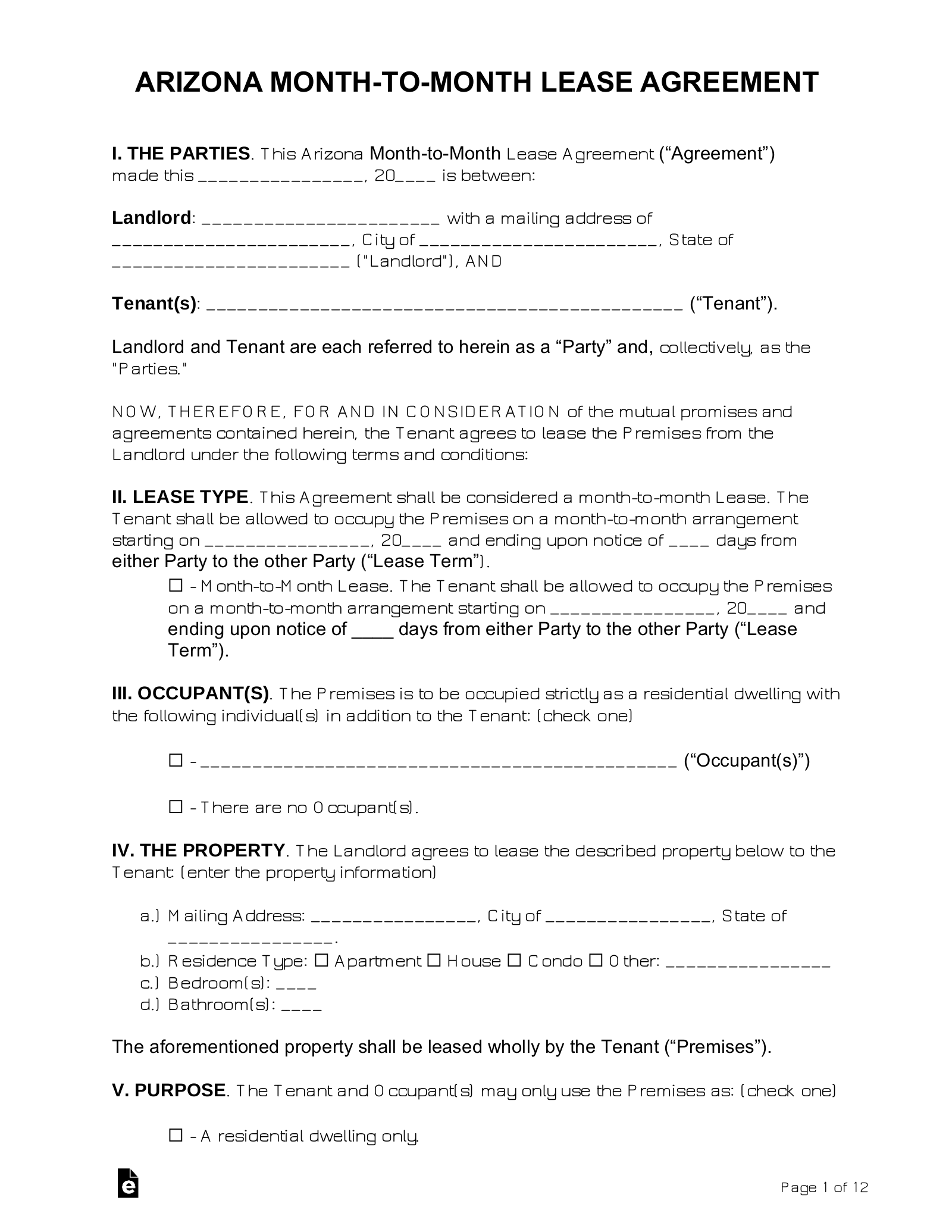 Free Arizona Month to Month Lease Agreement PDF Word EForms