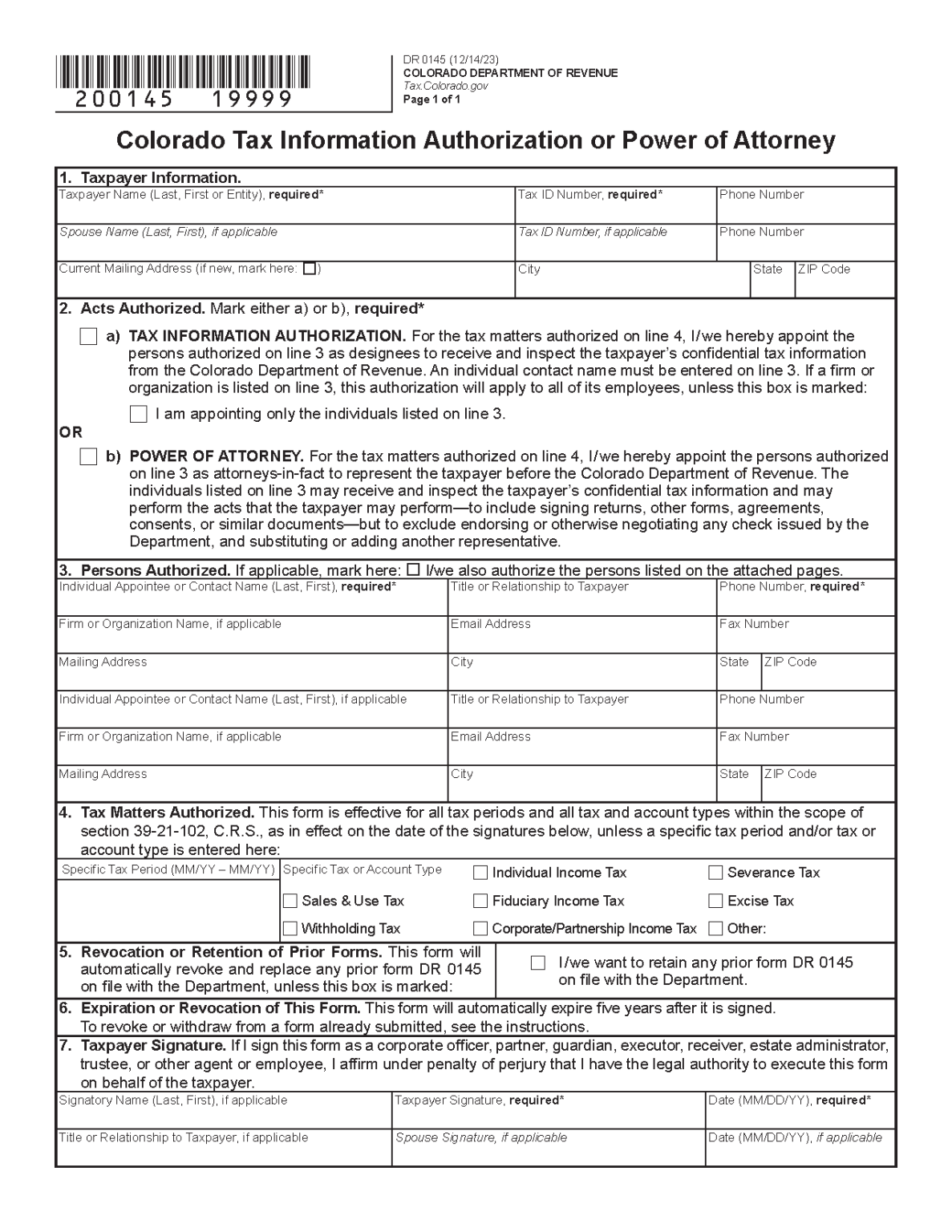 Free Colorado Tax Power of Attorney Form (DR 0145) - PDF – eForms
