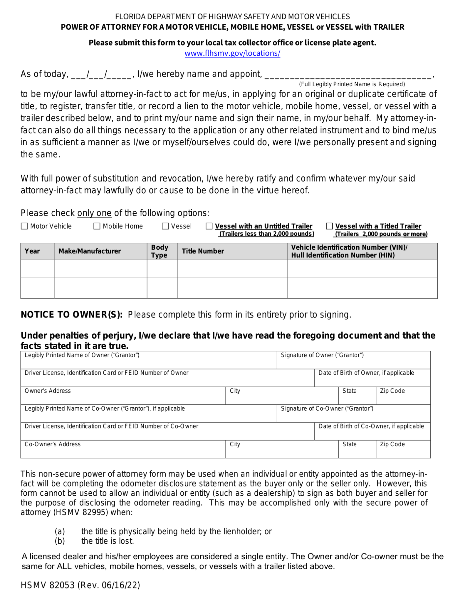 Free Florida Vehicle Power of Attorney (Form HSMV 82053) - PDF – eForms