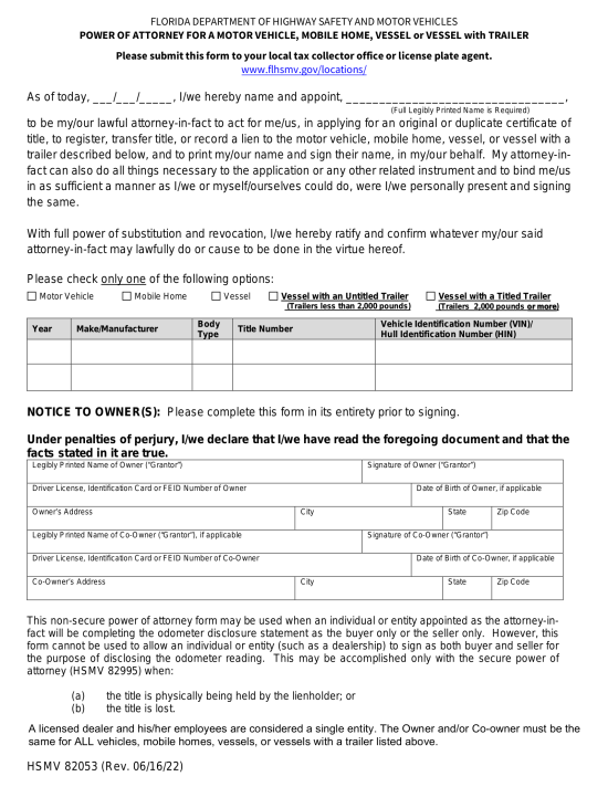 Free Florida Vehicle Power of Attorney (Form HSMV 82053) - PDF – eForms