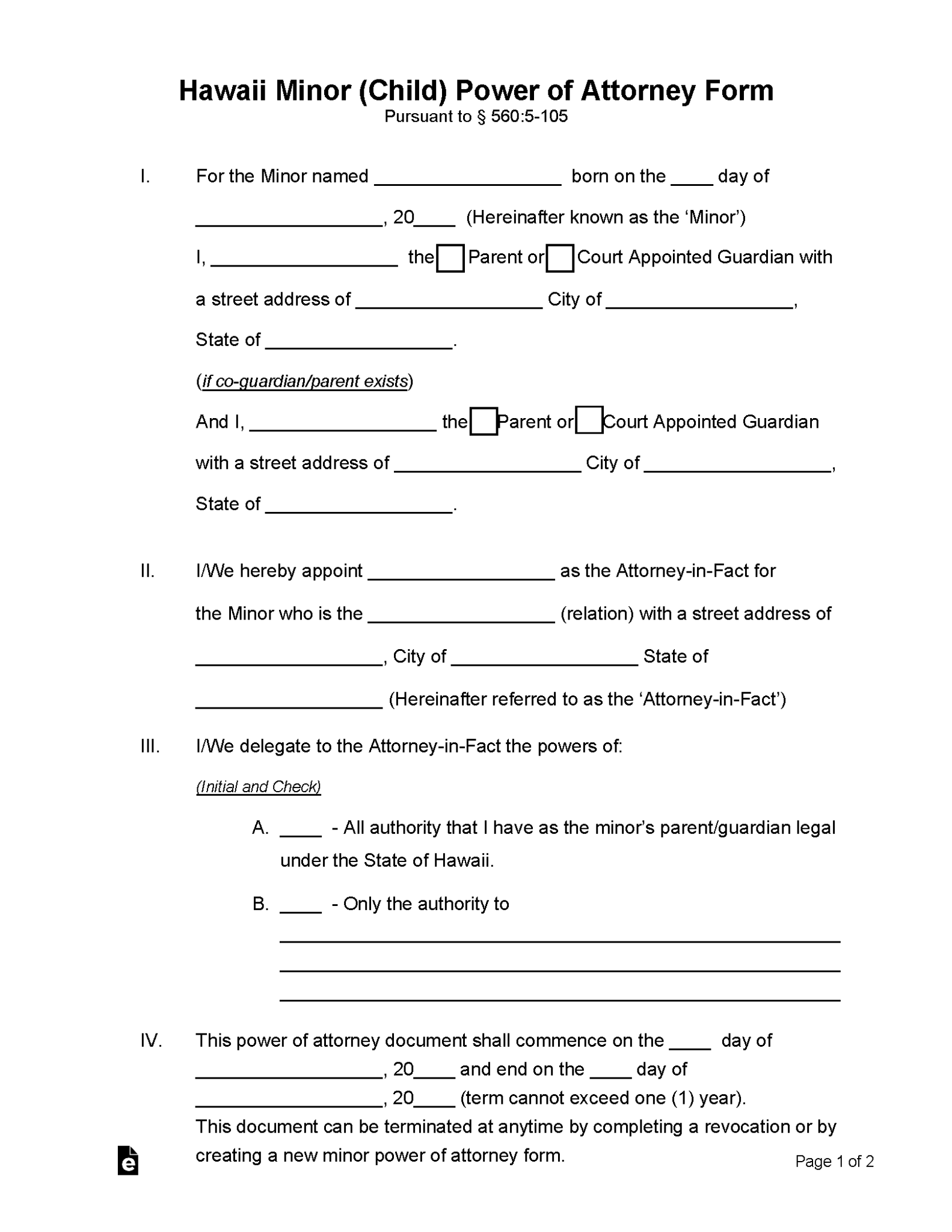 Free Hawaii Power of Attorney for a Minor Child Form - PDF | Word – eForms