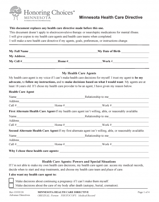 Free Minnesota Advance Directive Form Template - PDF | Word – eForms