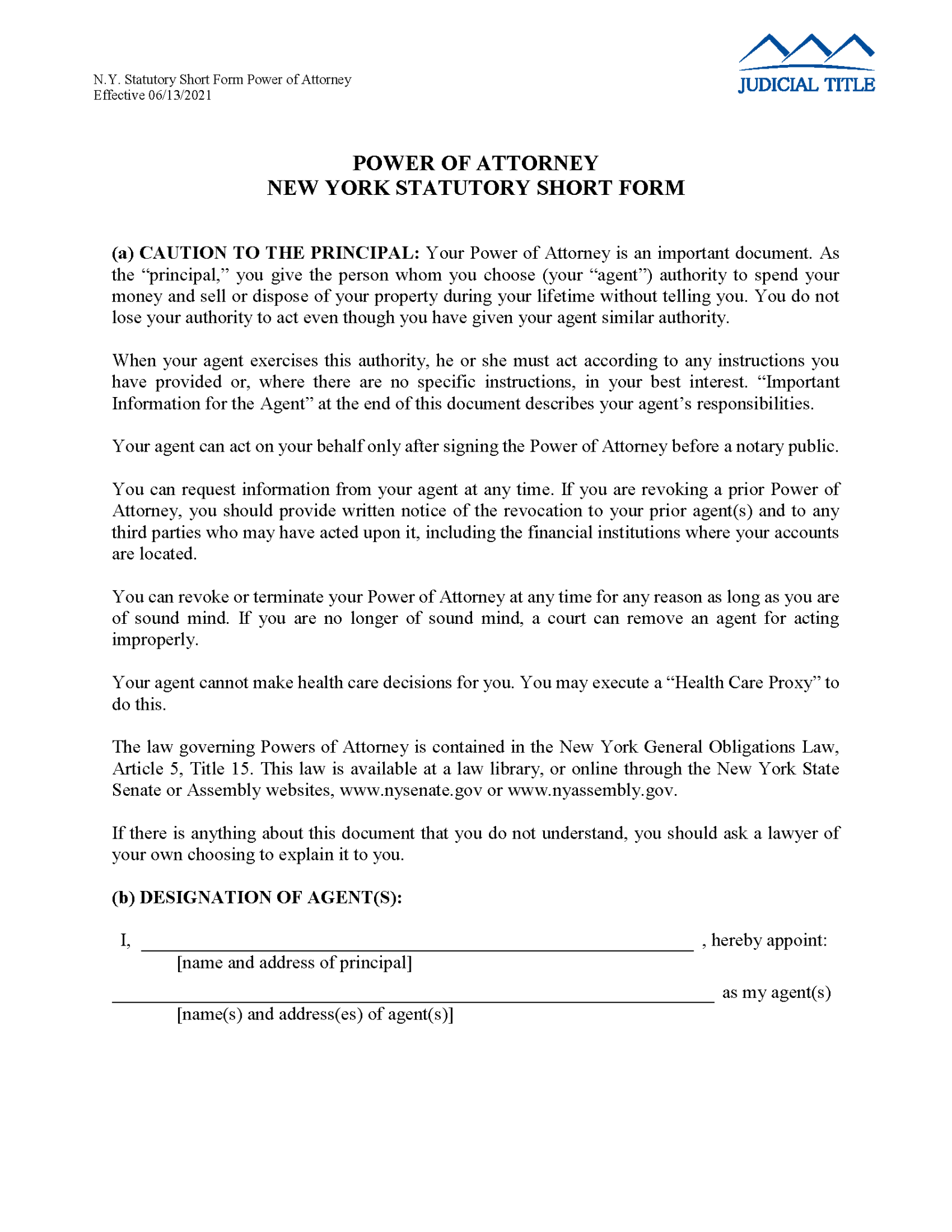 Free New York Durable (Statutory) Power of Attorney - Short Form - PDF ...
