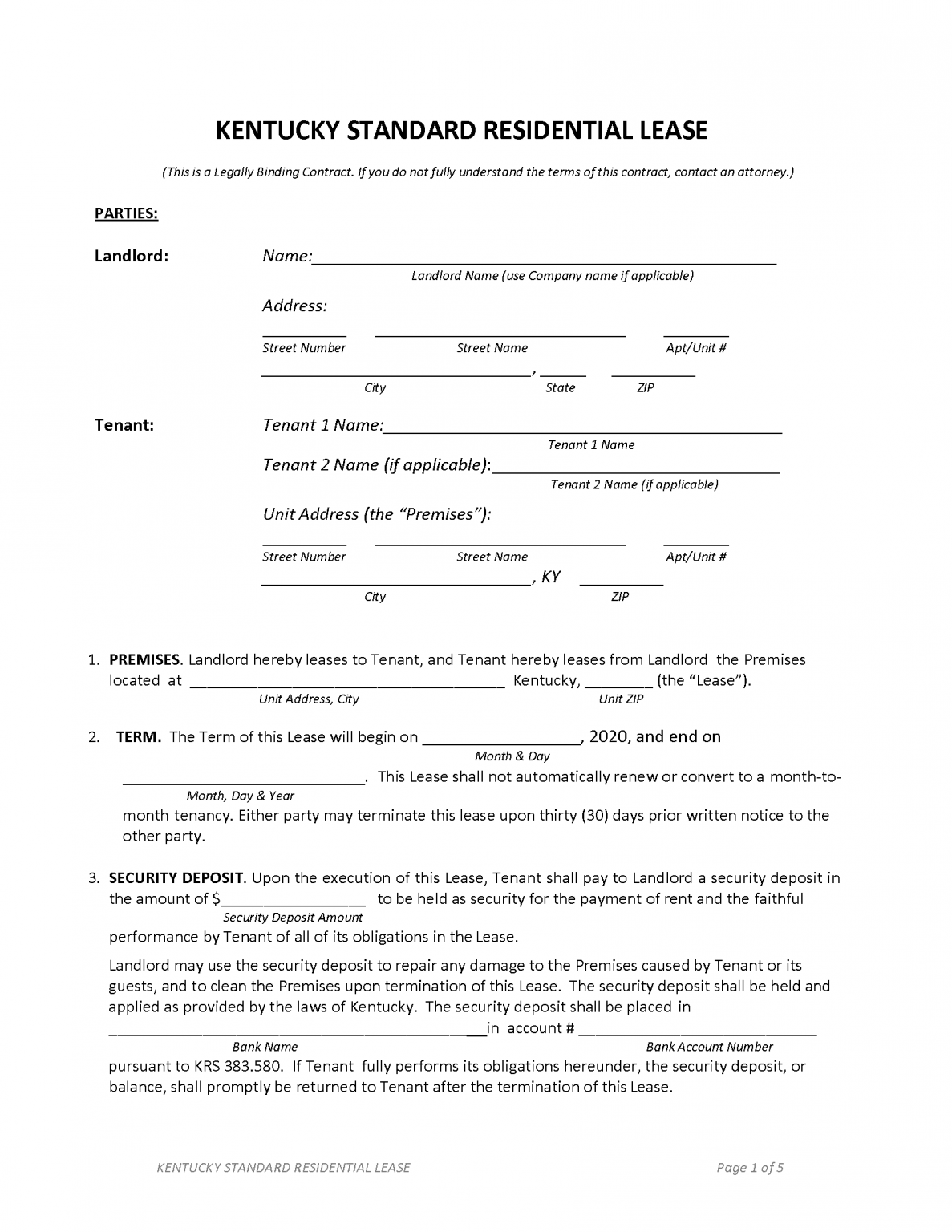 Free Kentucky Standard Residential Lease Agreement - PDF | Word – eForms