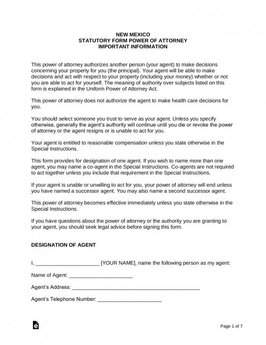 Free New Mexico Durable (Statutory) Power of Attorney Form - PDF | Word ... Free New Mexico Durable (Statutory) Power of Attorney Form - PDF | Word ...