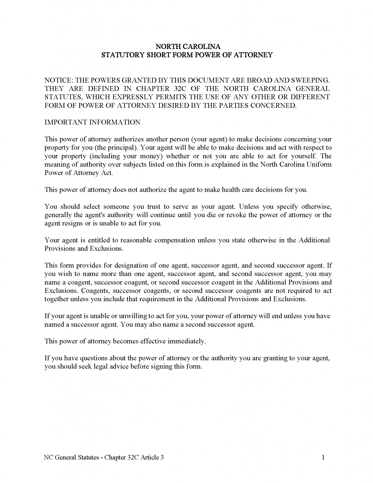Formulario gratuito de poder notarial duradero de Carolina del Norte ...