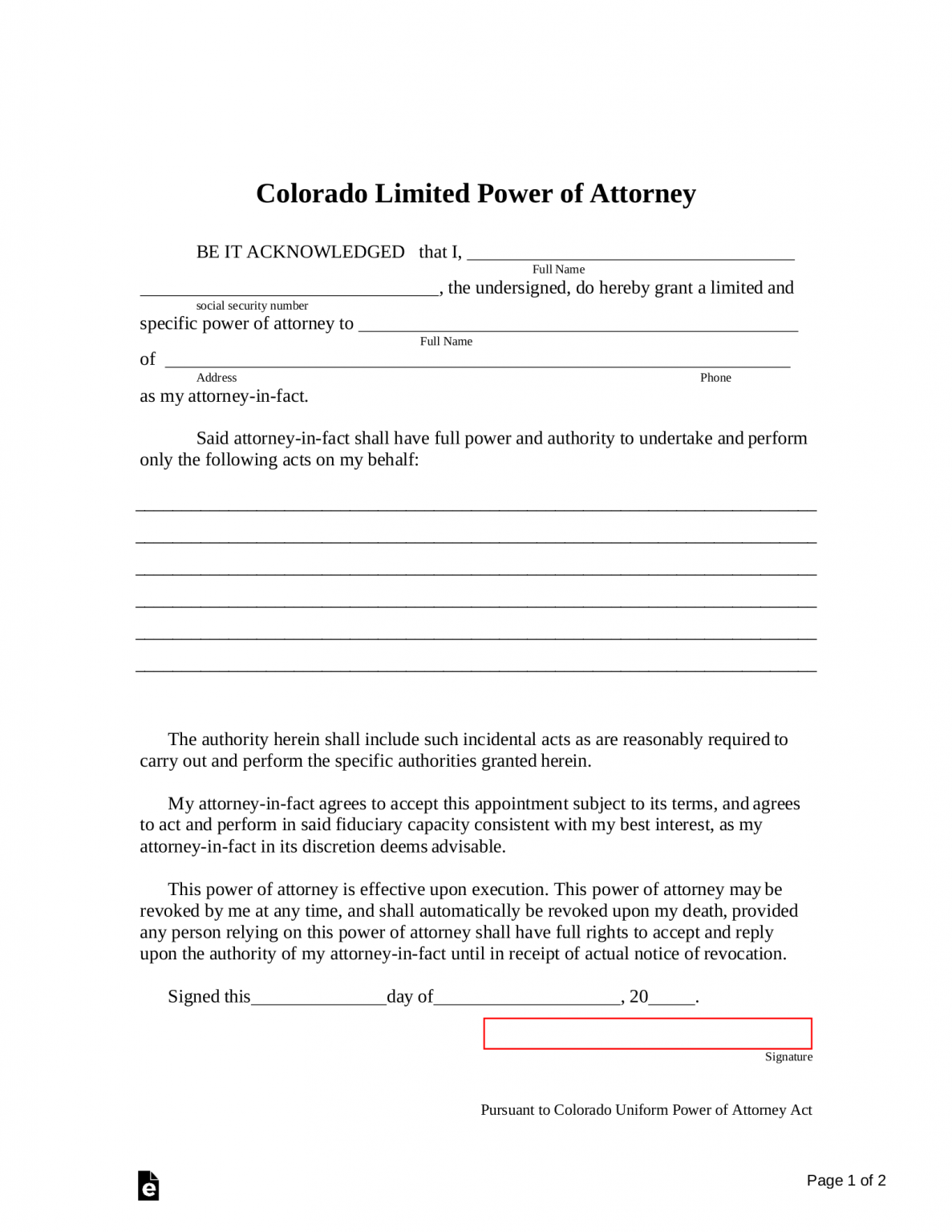 Free Colorado Motor Vehicle Power Of Attorney Form Dr 2175 Pdf Eforms 0095