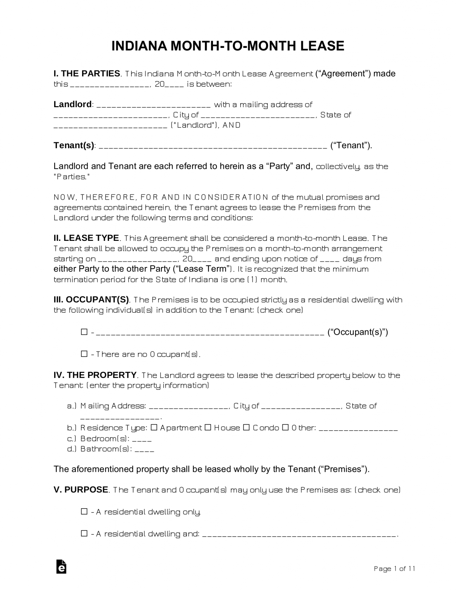 Free Indiana Month-to-Month Lease Agreement Template - PDF | Word – eForms