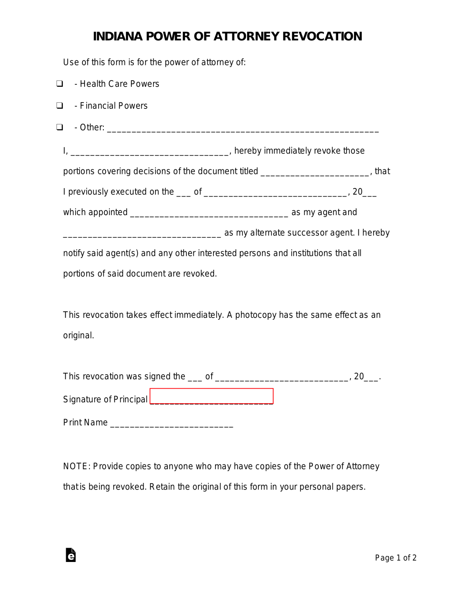 Free Indiana Power of Attorney Revocation Form - PDF | Word – eForms