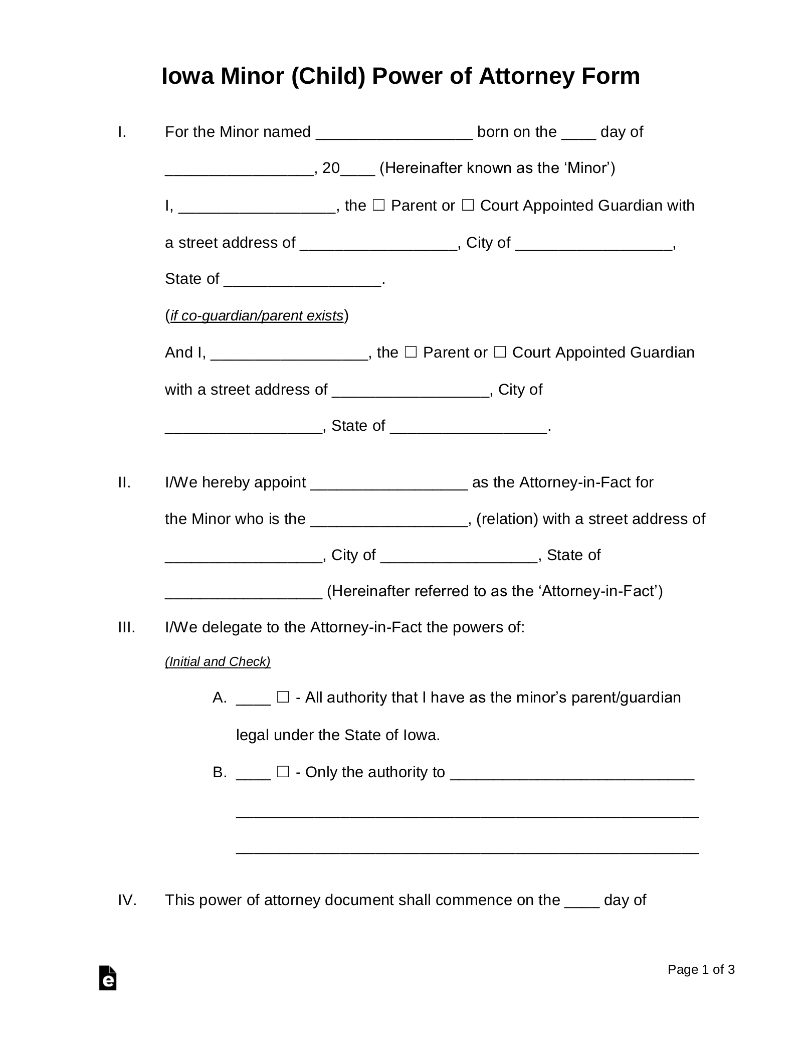 Free Iowa Power Of Attorney For Minor Child Parental Form PDF