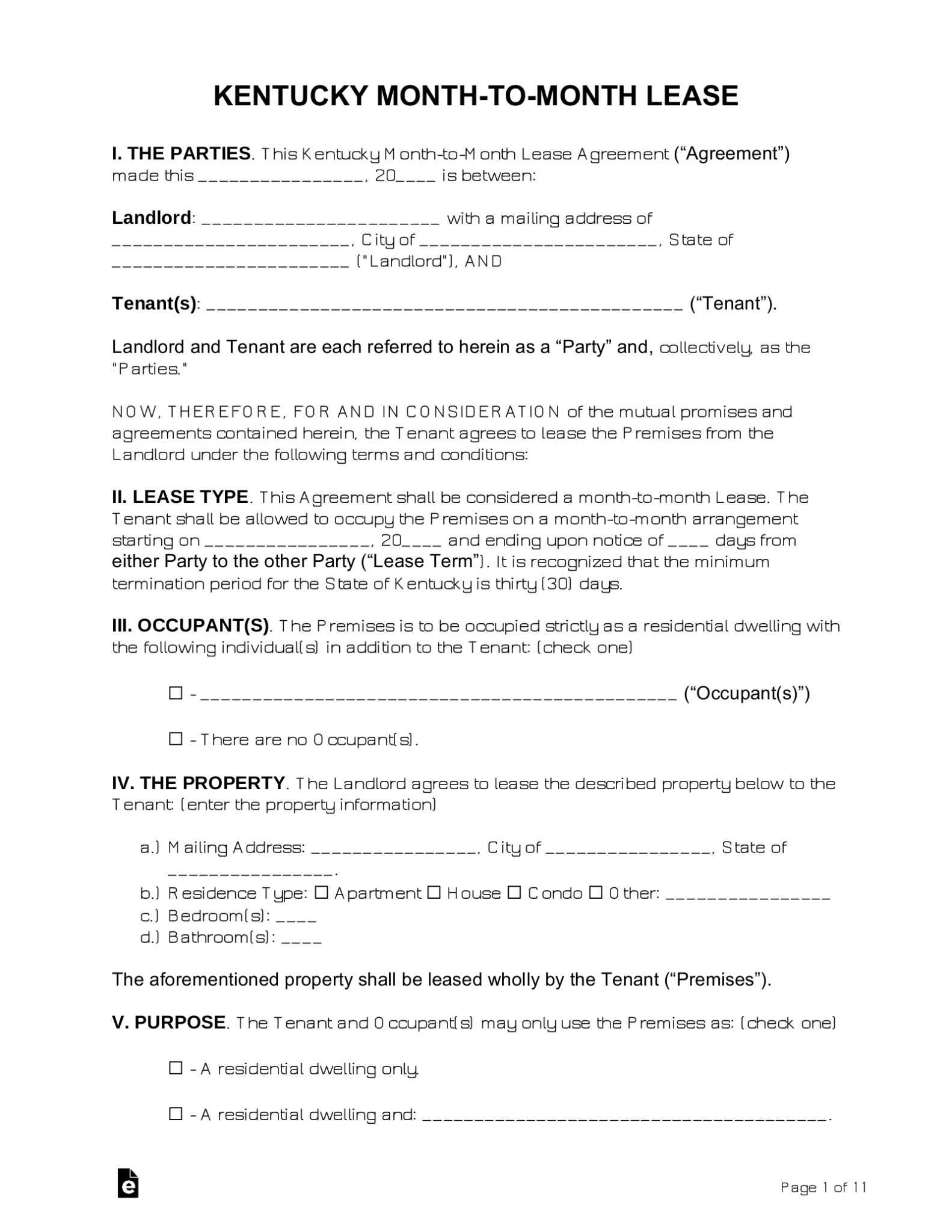 Free Kentucky Month-to-Month Lease Agreement Template - PDF | Word – eForms