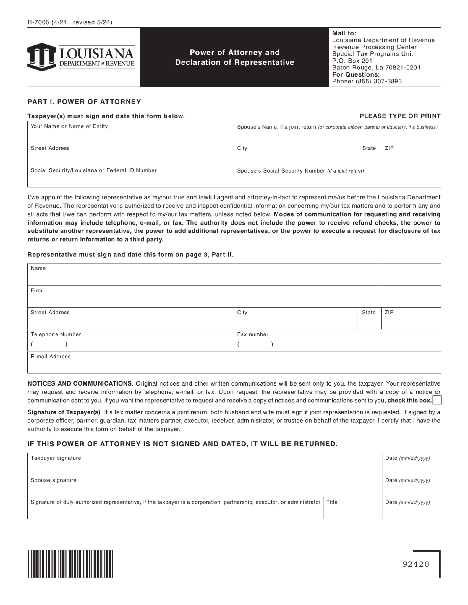Free Louisiana Tax Power of Attorney Form R-7006 - PDF – eForms