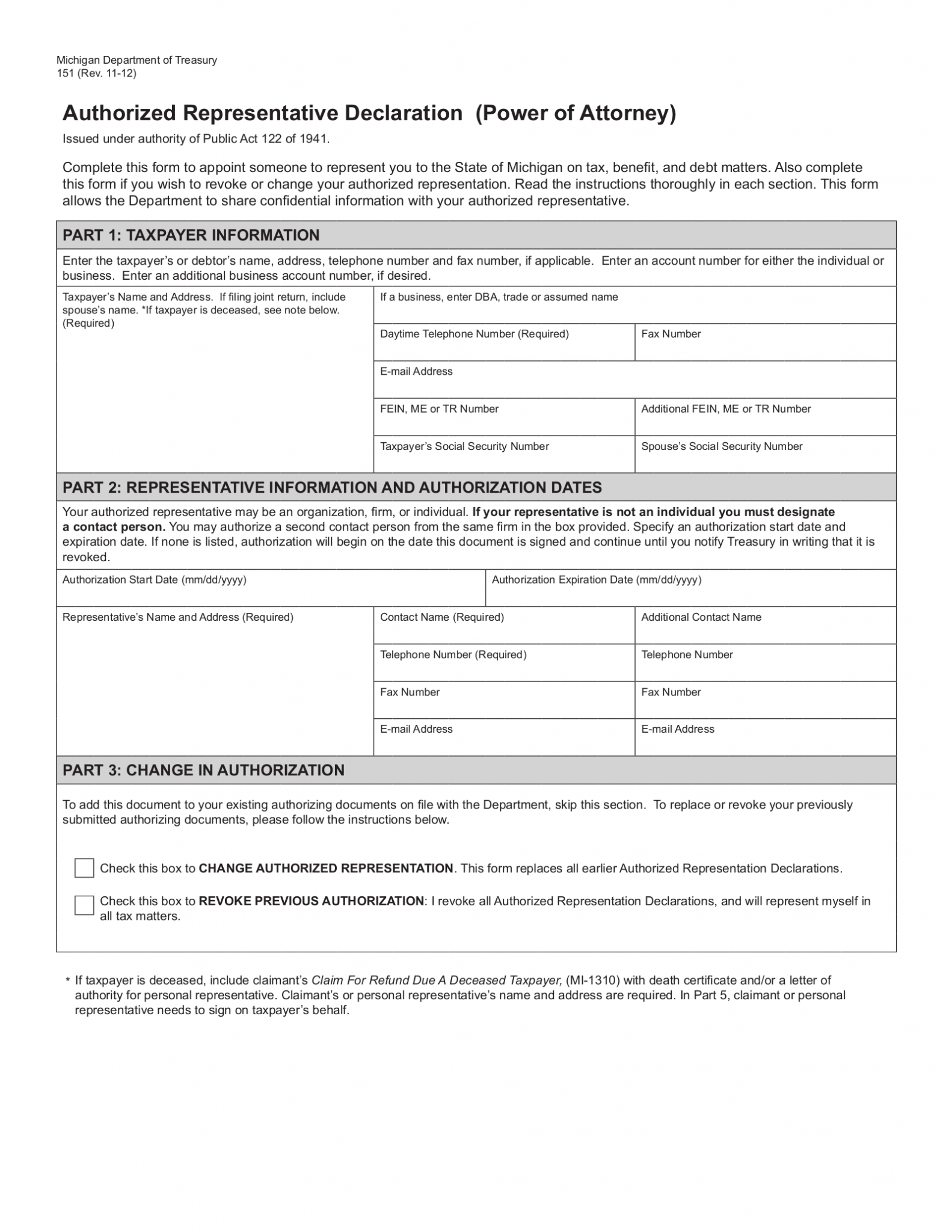 Free Michigan Tax Power of Attorney (Form 151) - PDF – eForms