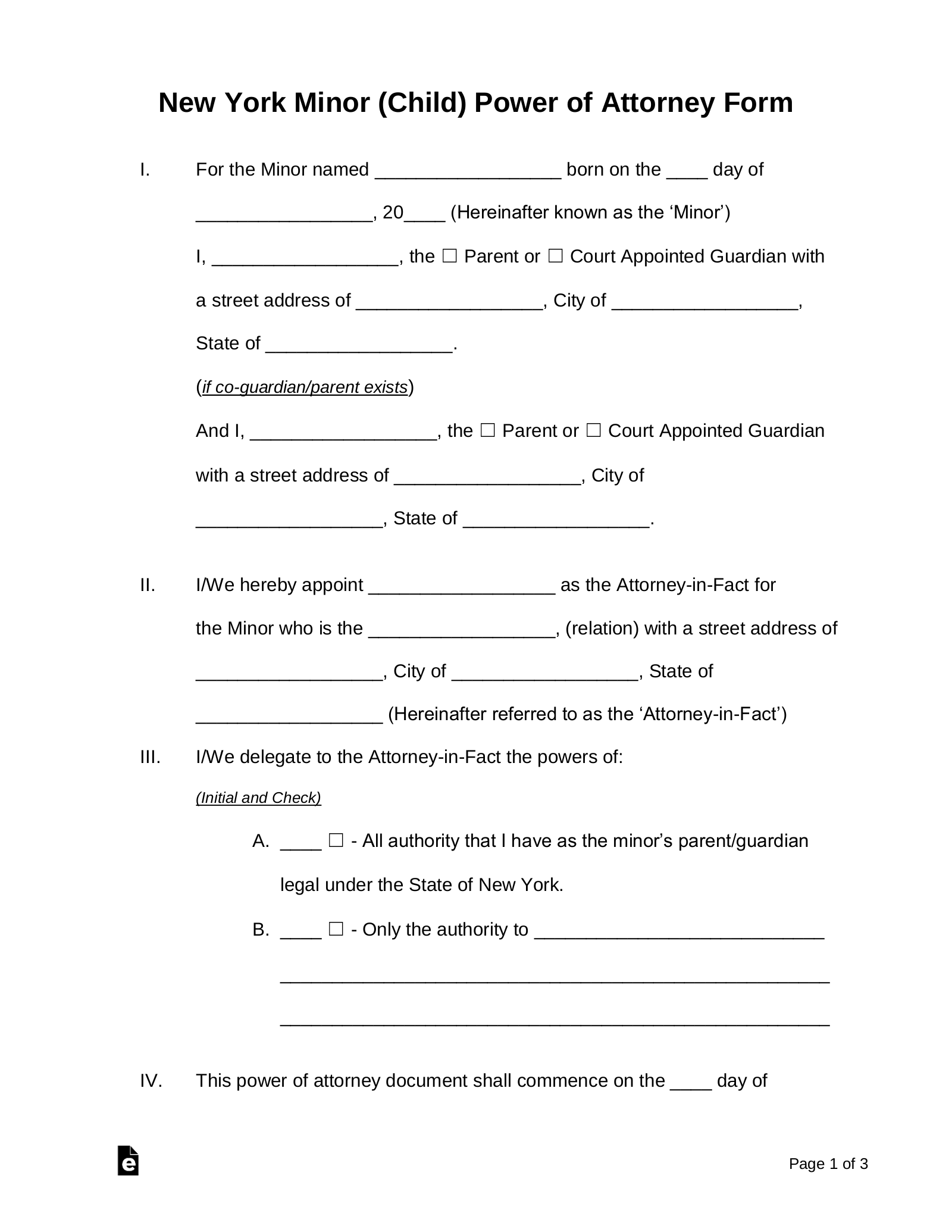 Free New York Minor Child Power Of Attorney Form Guardianship PDF 