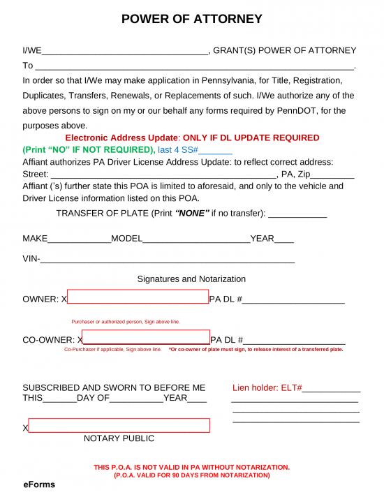 Free Pennsylvania Vehicle Power of Attorney Form - PDF – eForms