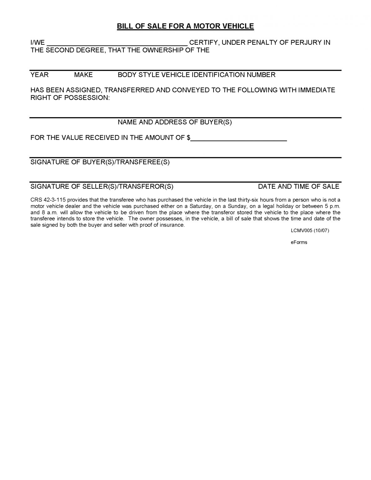 Free Colorado Motor Vehicle Bill of Sale Forms - PDF – eForms