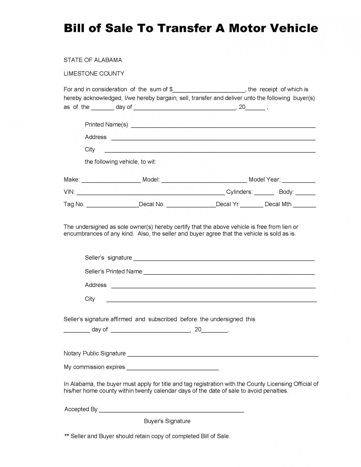 Free Alabama Vehicle Bill of Sale Form - PDF | Word – eForms