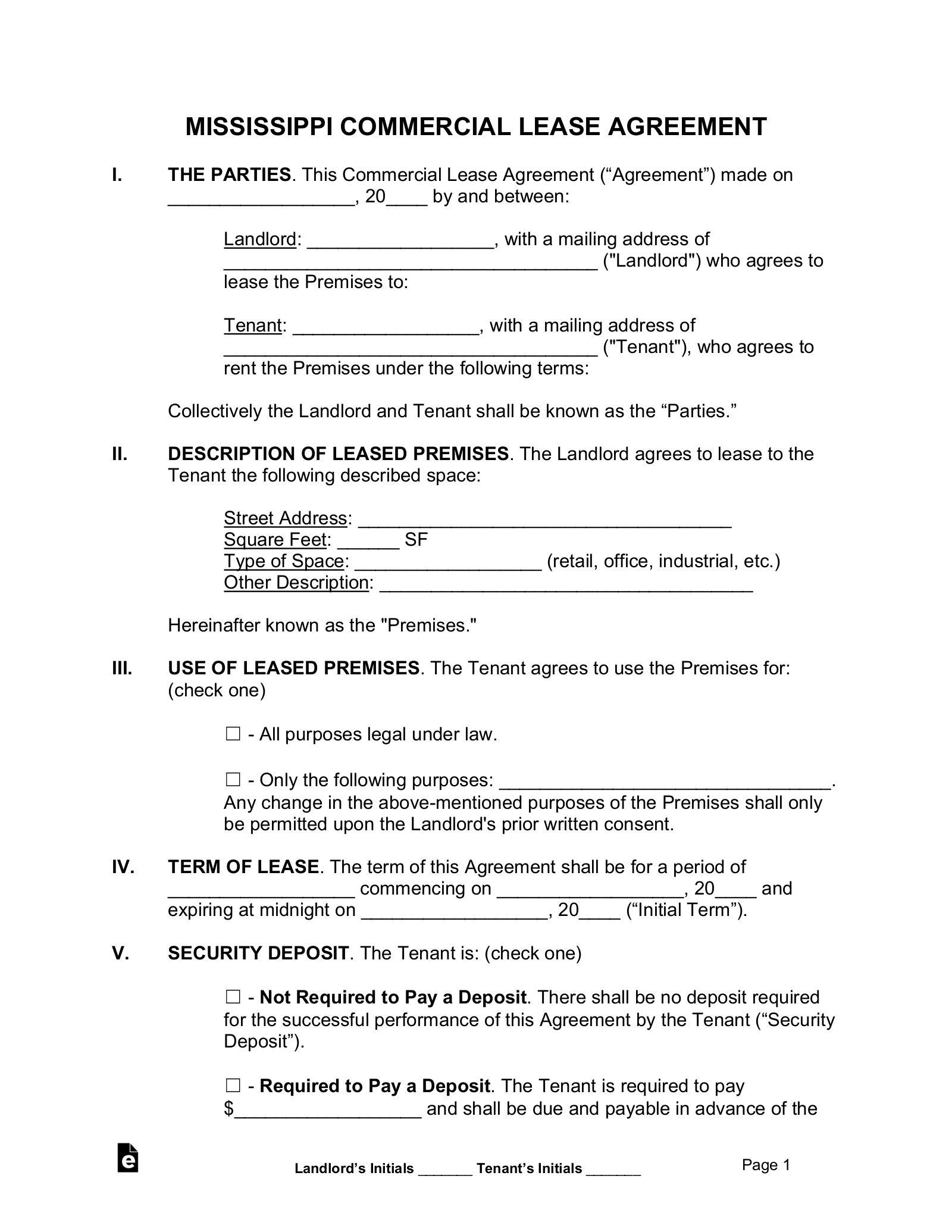 Free Mississippi Commercial Lease Agreement Form PDF Word EForms