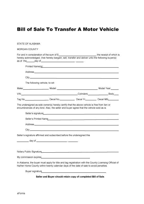 Free Alabama Vehicle Bill of Sale Form - PDF | Word – eForms