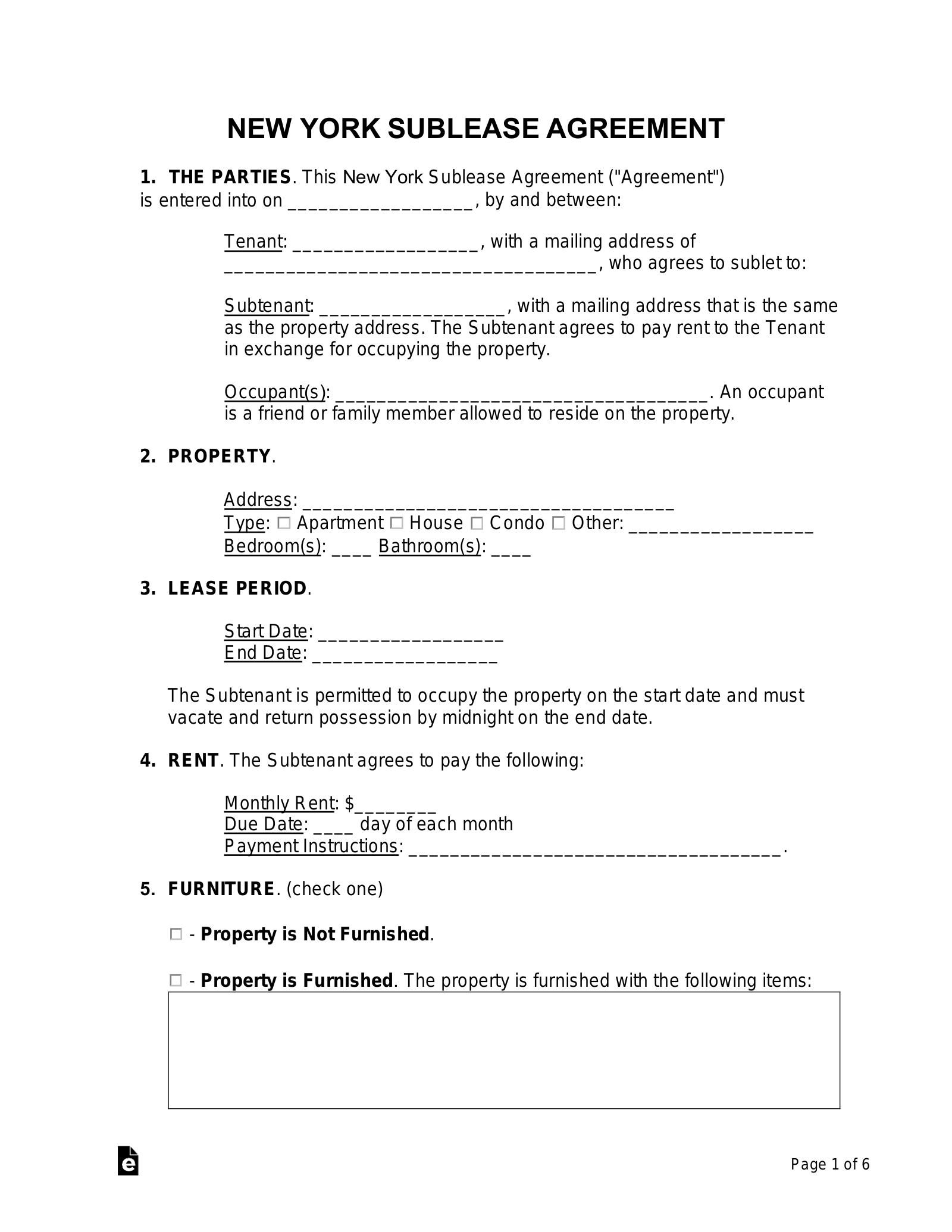 Free New York Sublease Agreement Template PDF Word EForms