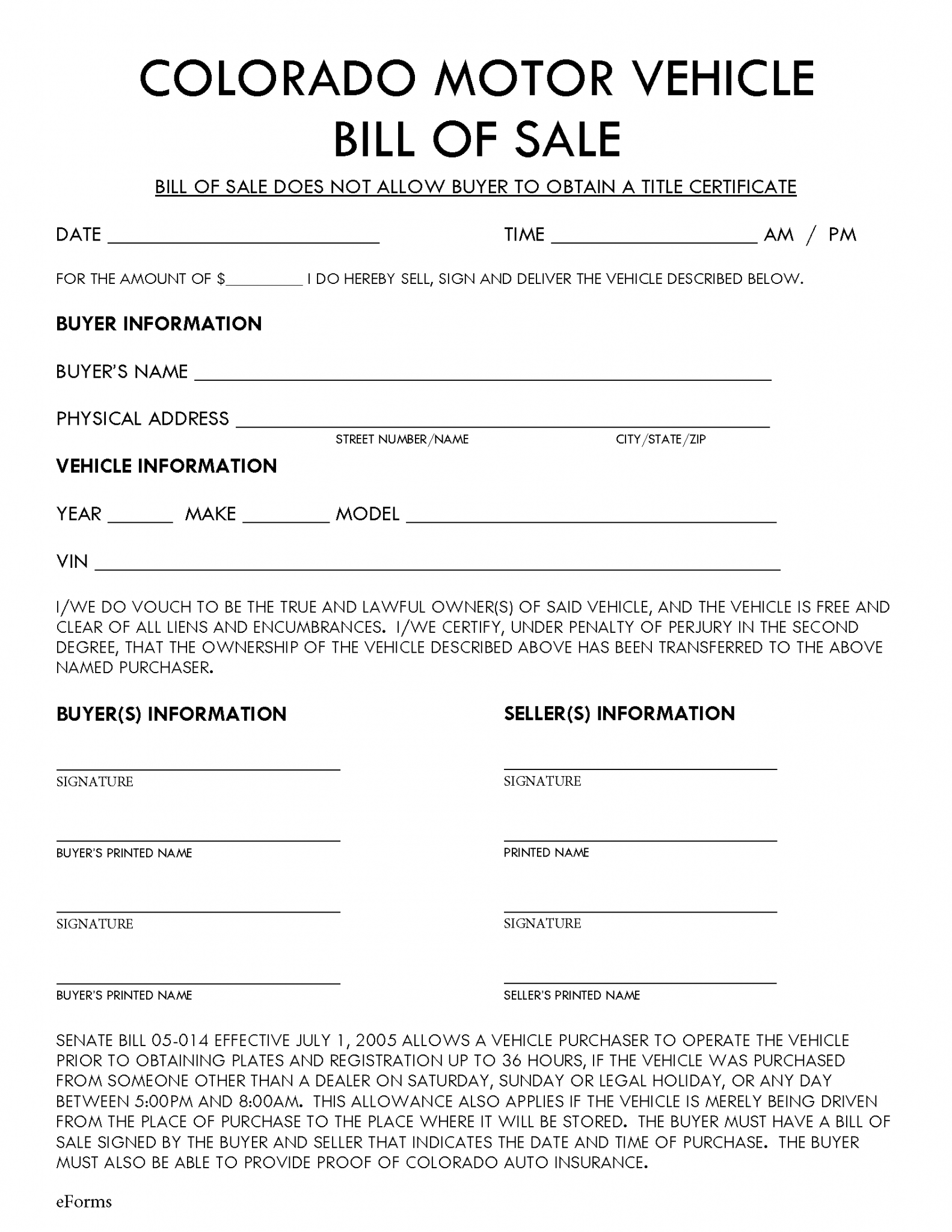Free Colorado Motor Vehicle Bill Of Sale Forms 12 Counties PDF EForms