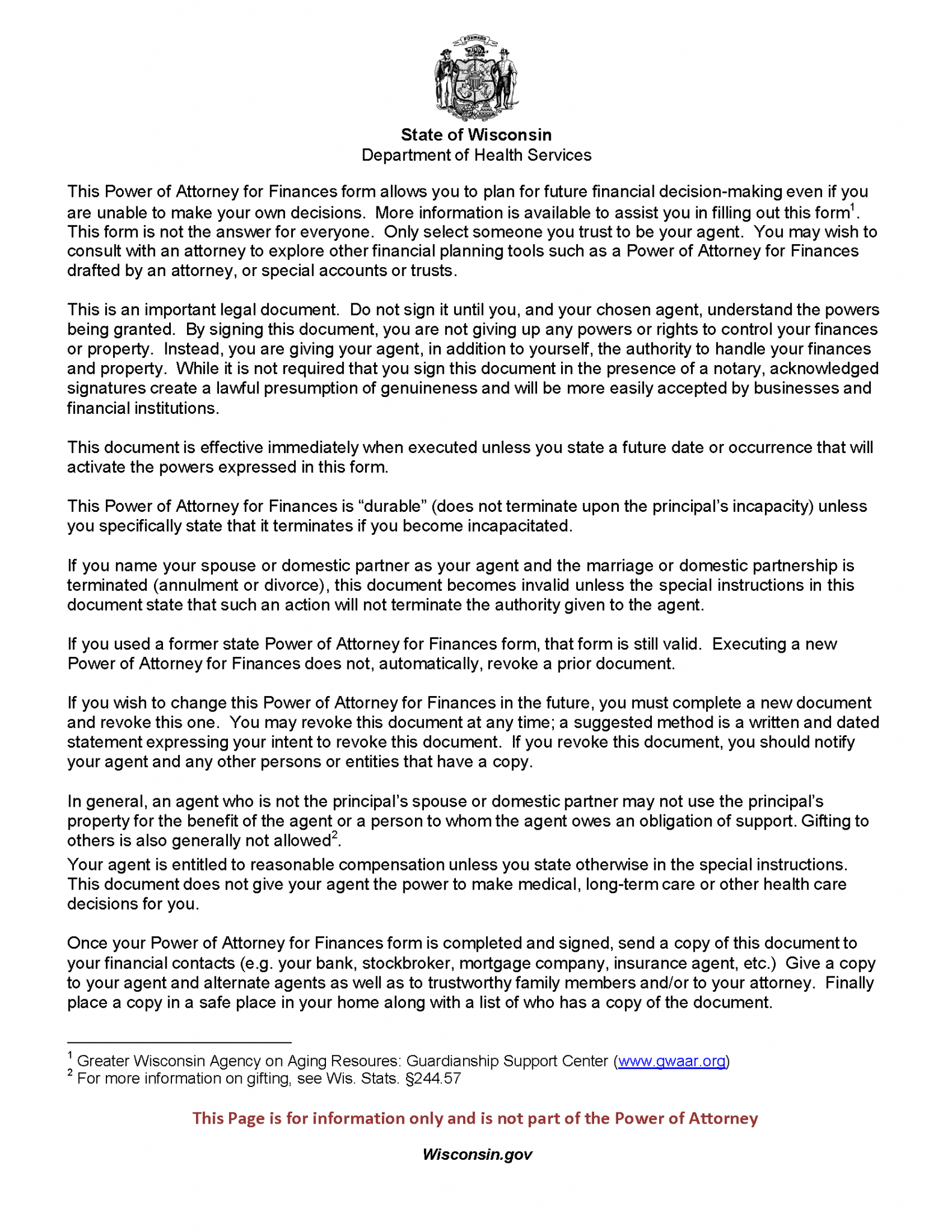 Free Wisconsin Durable (Statutory) Power of Attorney Form - PDF | Word ...