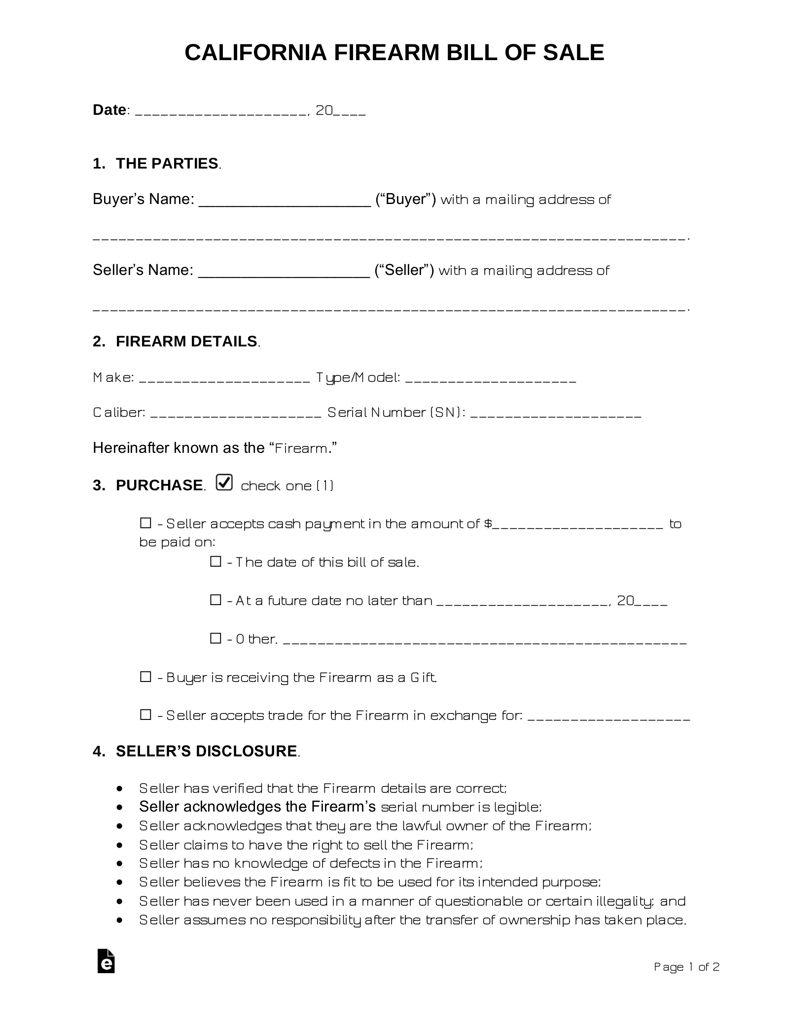 Free California Firearm Bill Of Sale Form PDF Word EForms