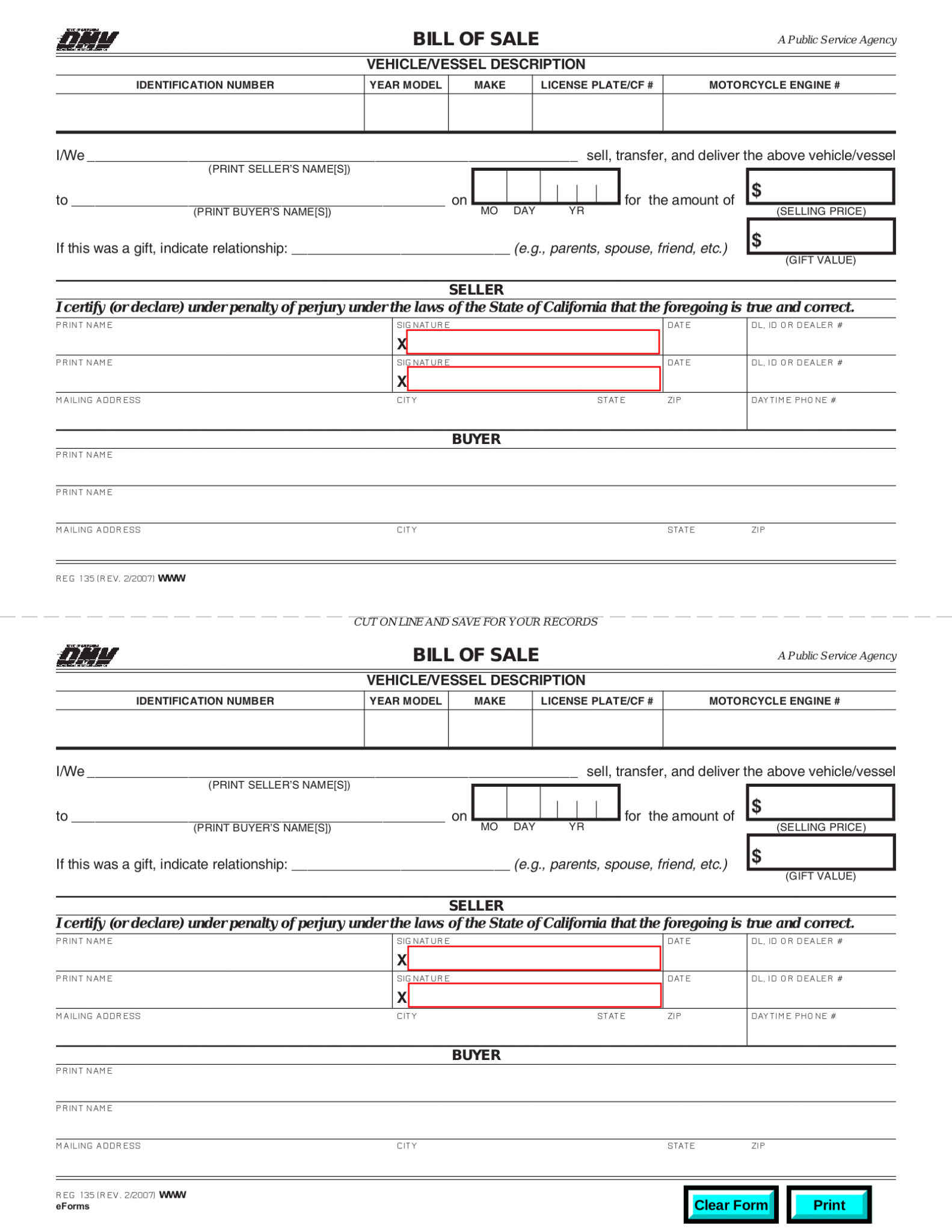 Free California Motor Vehicle/Boat Bill of Sale | Form REG 135 - PDF ...