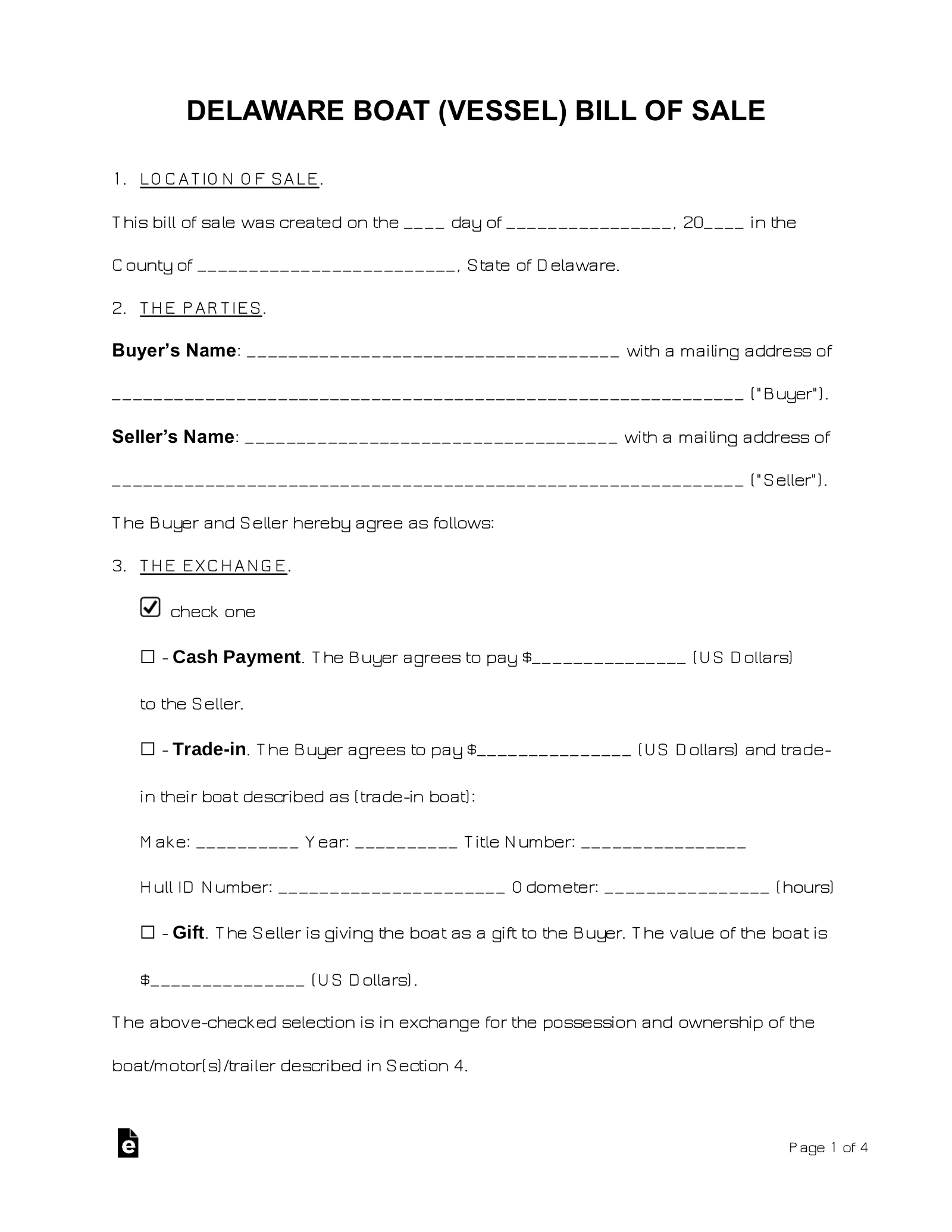 Free Delaware Boat Bill Of Sale Form PDF Word EForms