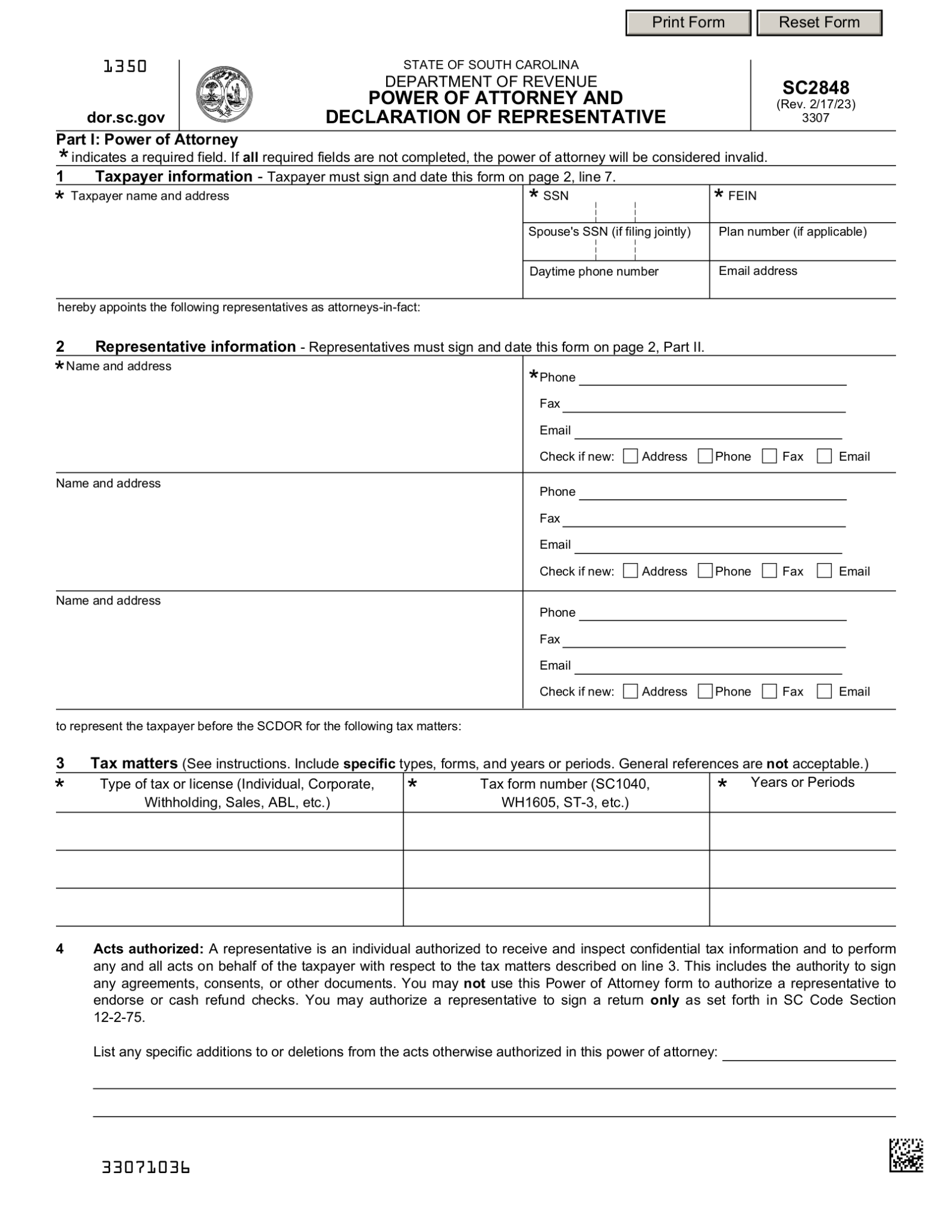 Free South Carolina Tax Power of Attorney (Form SC-2848) - PDF – eForms