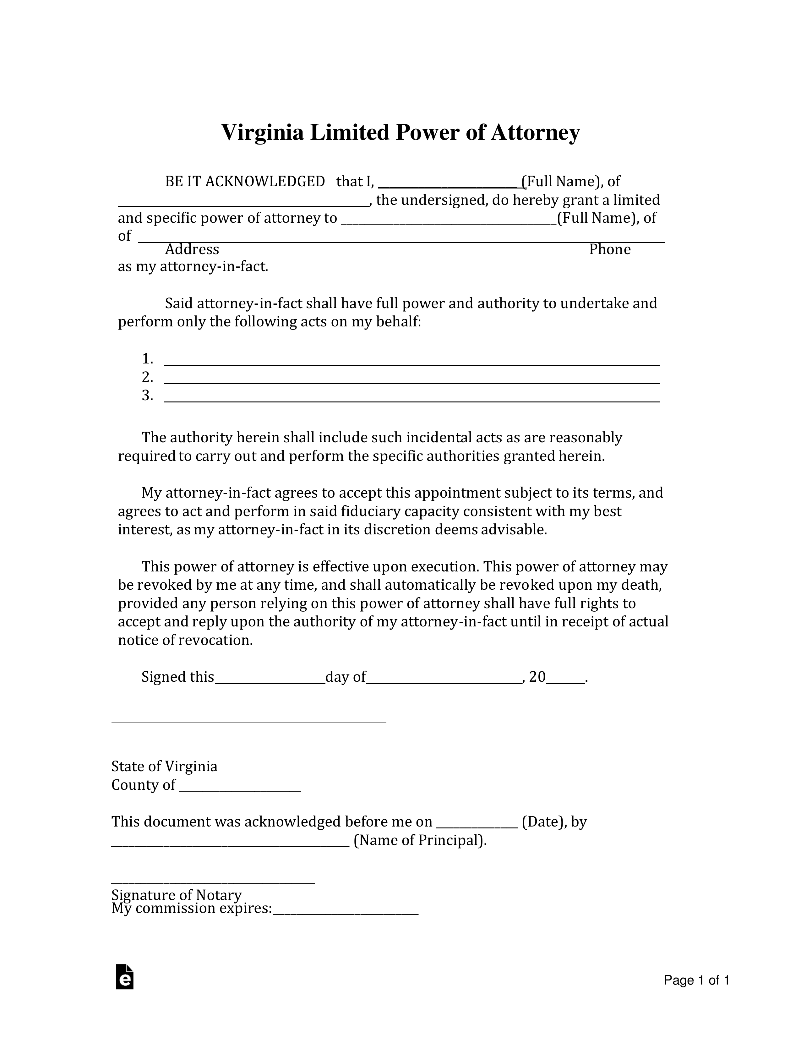 Free Virginia Limited Power Of Attorney Form PDF Word EForms