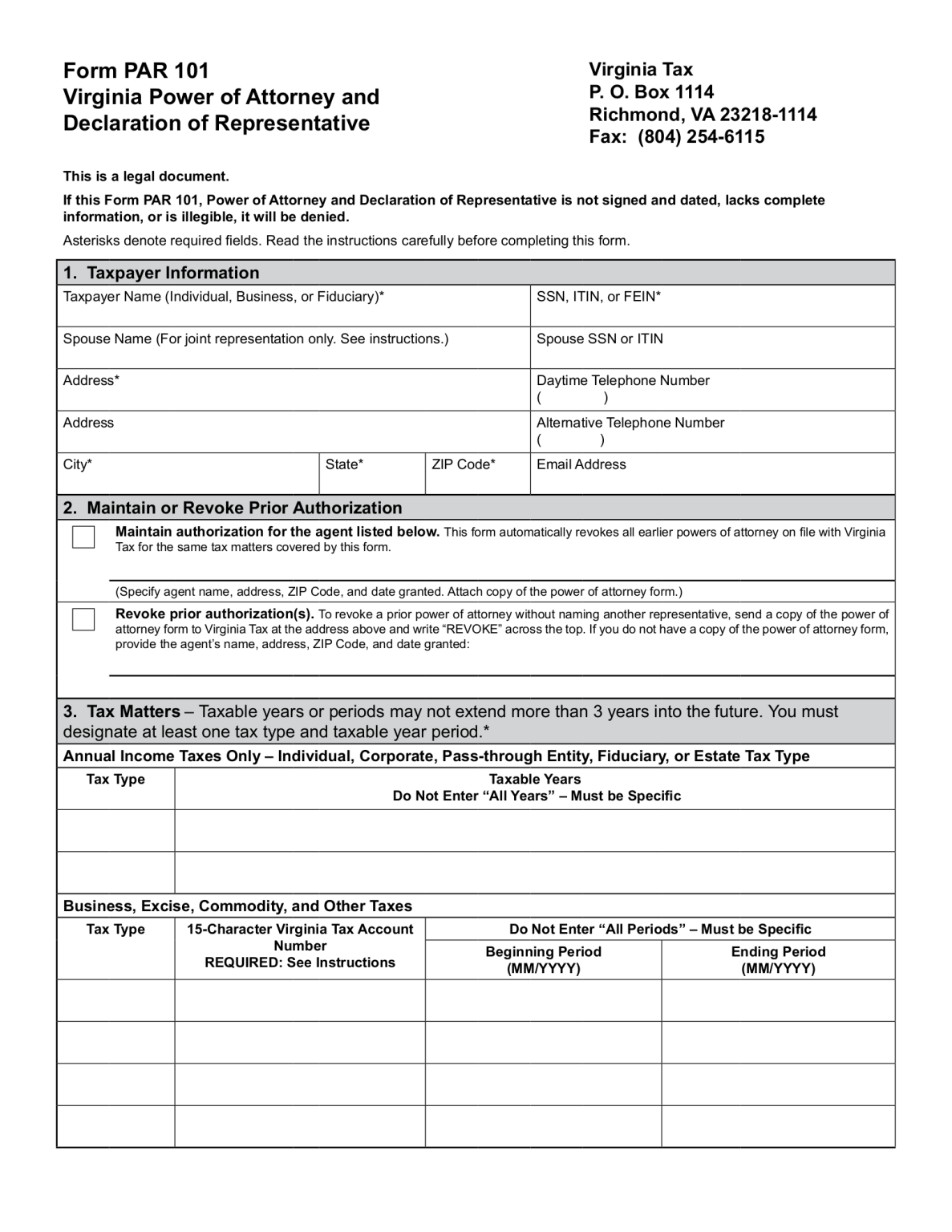 Free Virginia Tax Power of Attorney (Form PAR-101) - PDF – eForms
