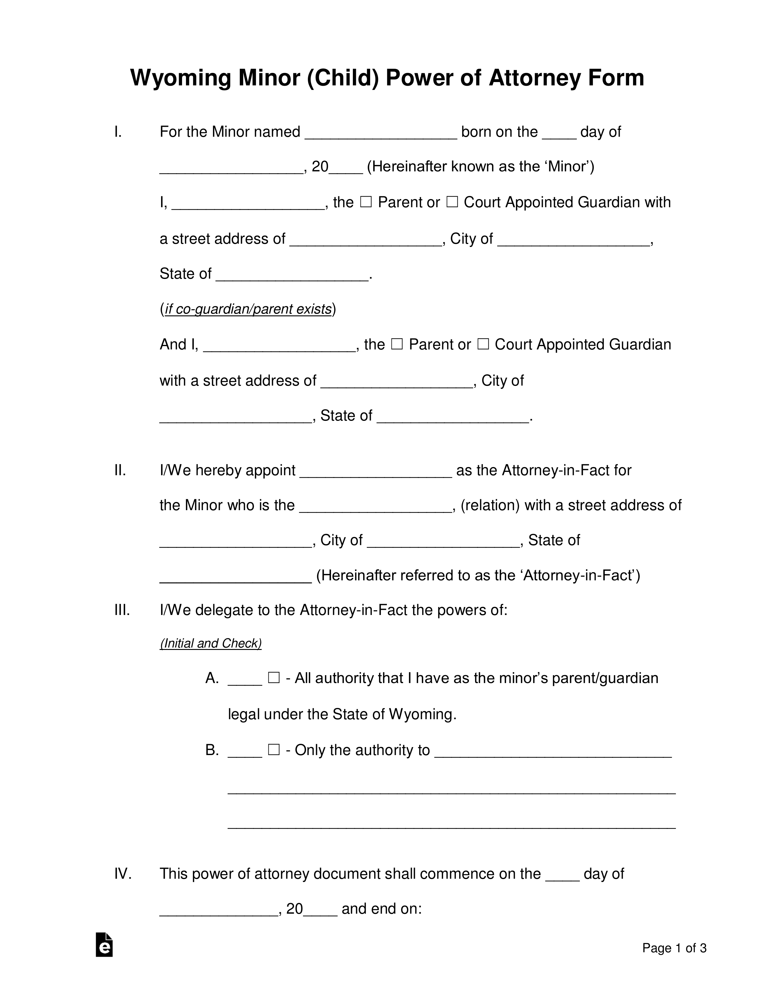 Free Wyoming Minor Child Parental Power Of Attorney Form PDF Word 