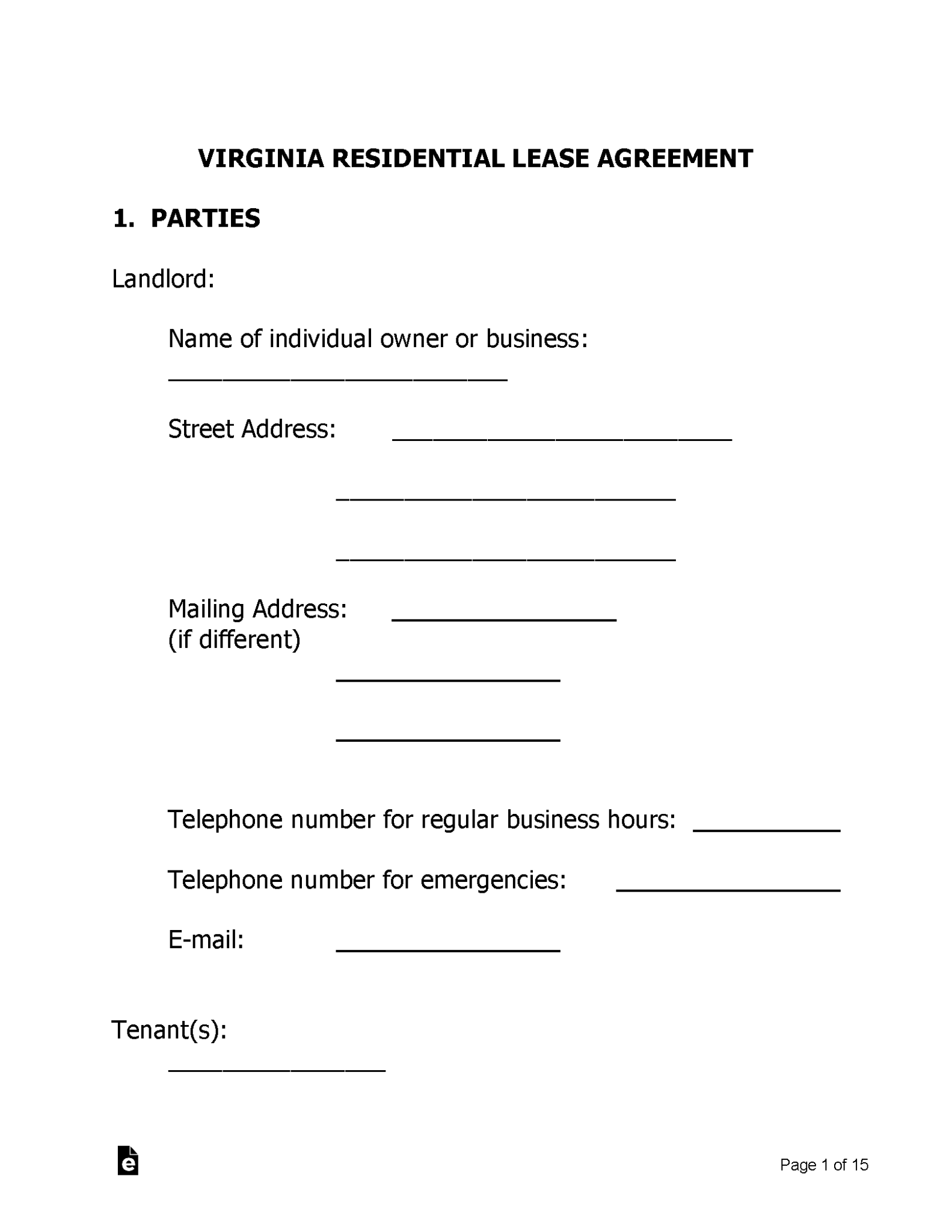 Free Virginia Standard Residential Lease Agreement Template - PDF ...