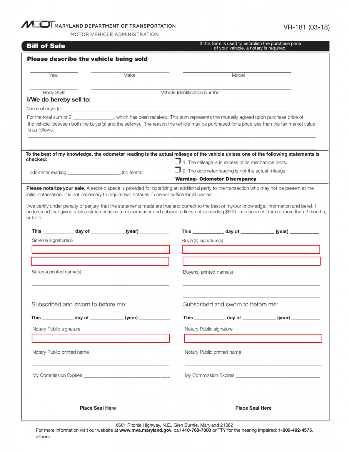 Free Maryland Motor Vehicle Bill Of Sale Form VR 181 PDF EForms
