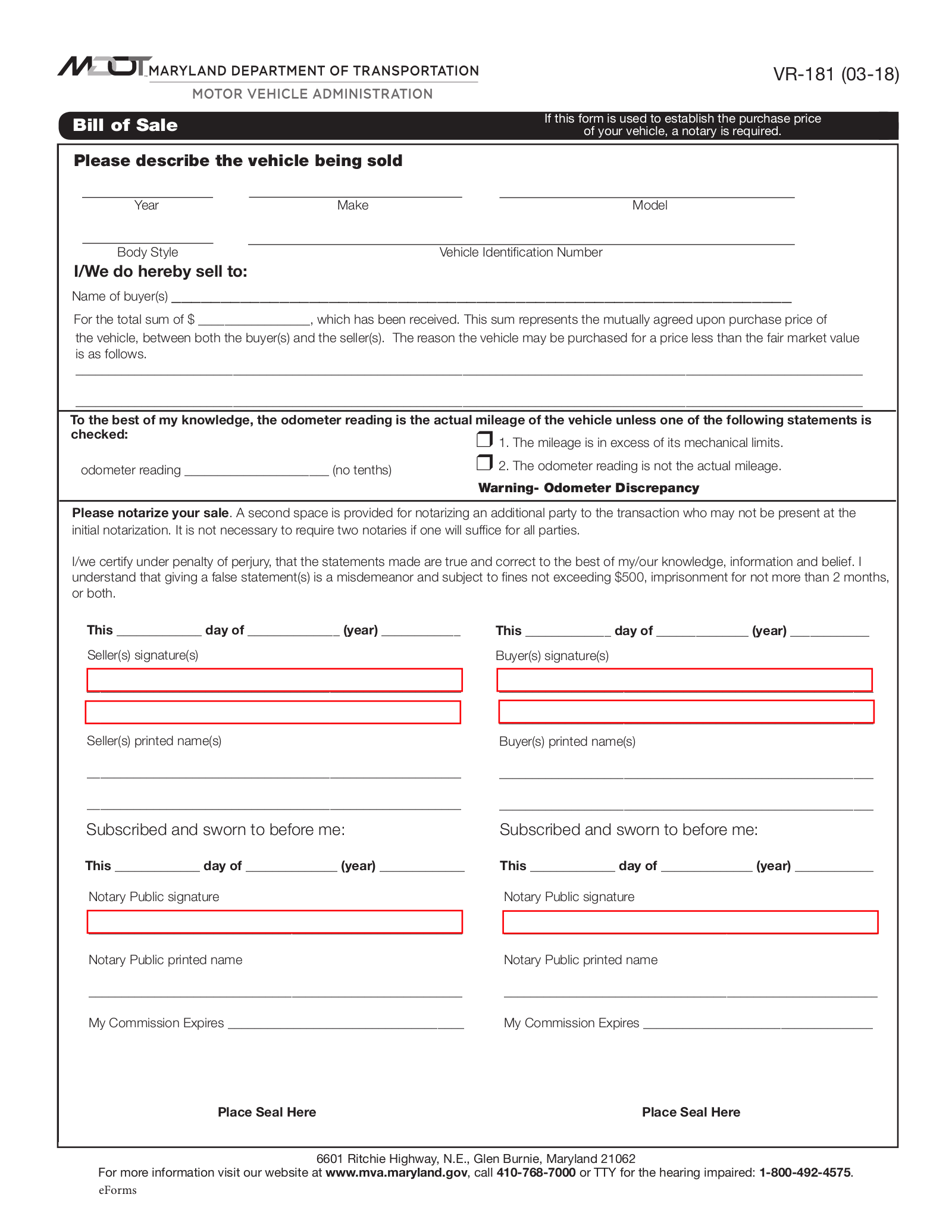 Free Maryland Motor Vehicle Bill Of Sale Form VR 181 PDF EForms