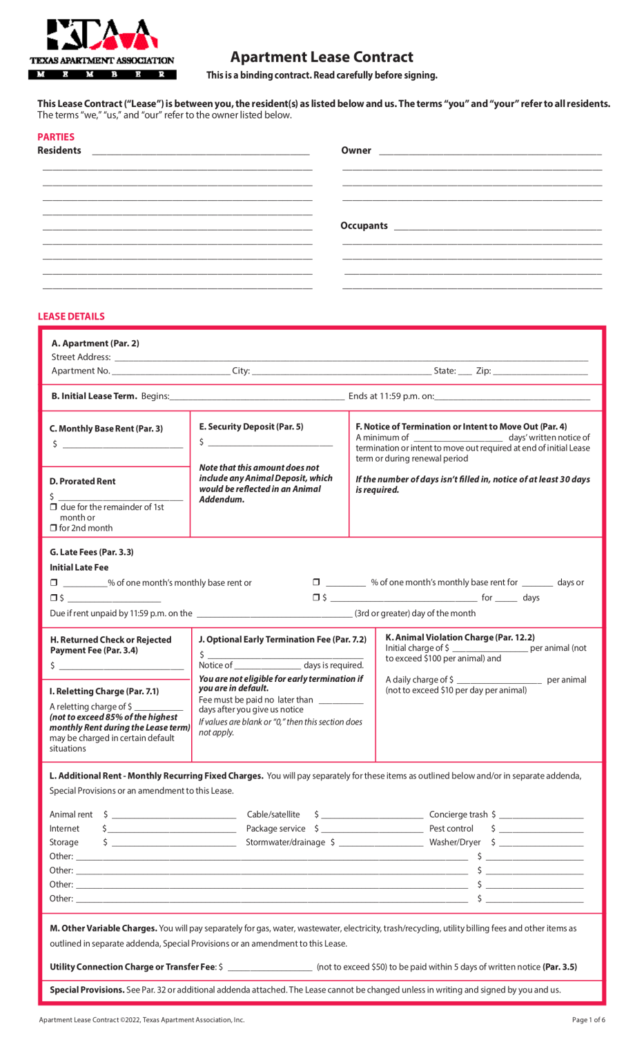 Free Texas Apartment Association Residential Lease Agreement Form - PDF ...