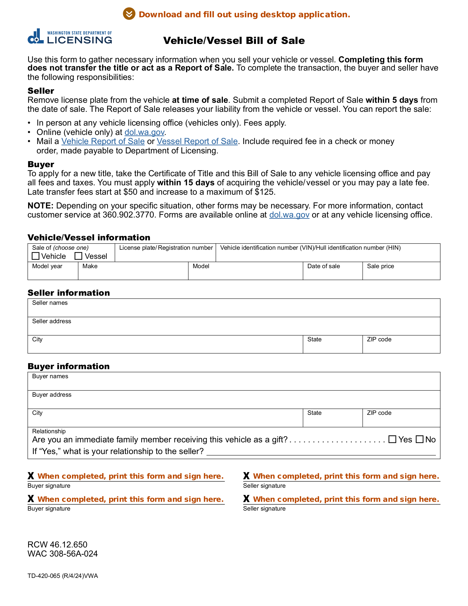Free Washington Vehicle Boat Bill Of Sale PDF EForms