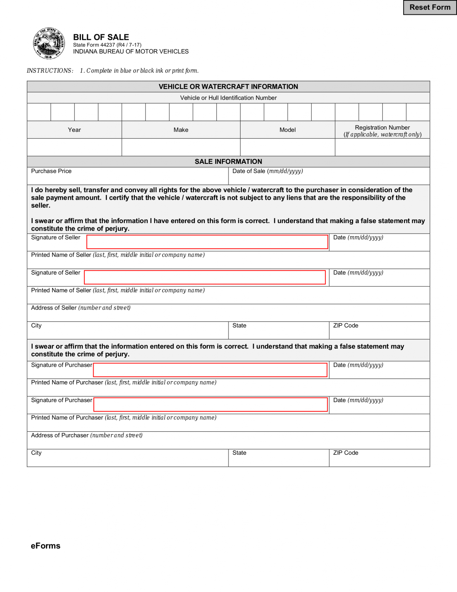 Free Indiana Bill of Sale Forms (4) - PDF – eForms
