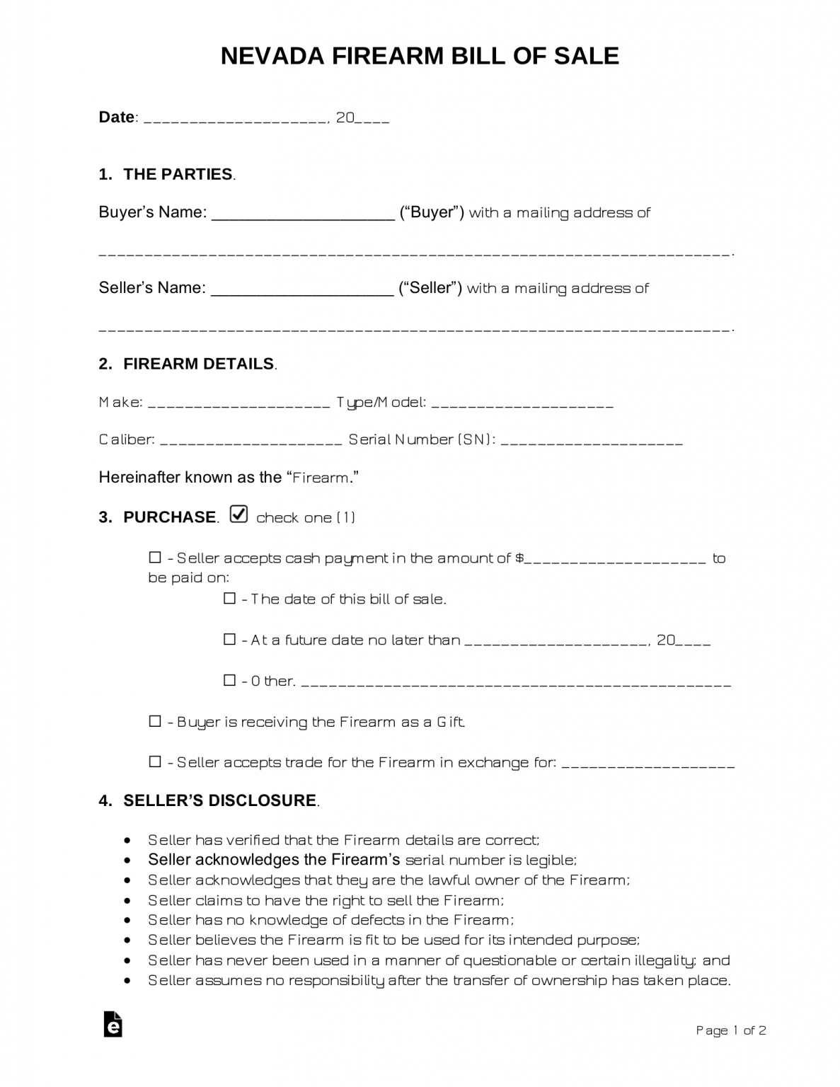 Free Nevada Firearm Bill of Sale Template - PDF | Word – eForms
