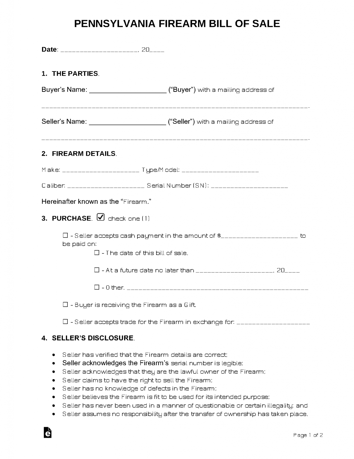 Free Pennsylvania Firearm Bill of Sale Template - PDF | Word – eForms