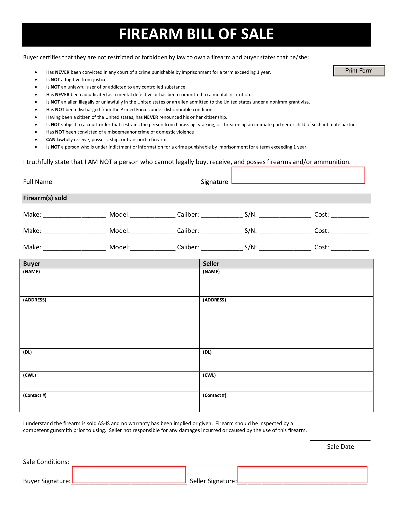 Free Texas Firearm Bill Of Sale Form Pdf Eforms